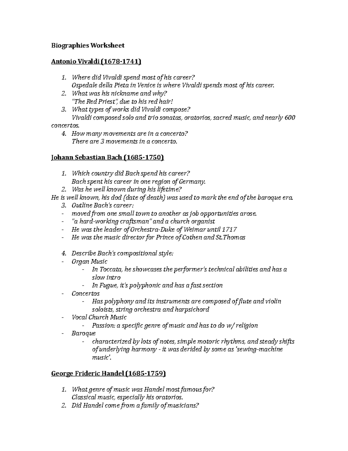 MUS101 Composers Worksheet - Biographies Worksheet Antonio Vivaldi ...