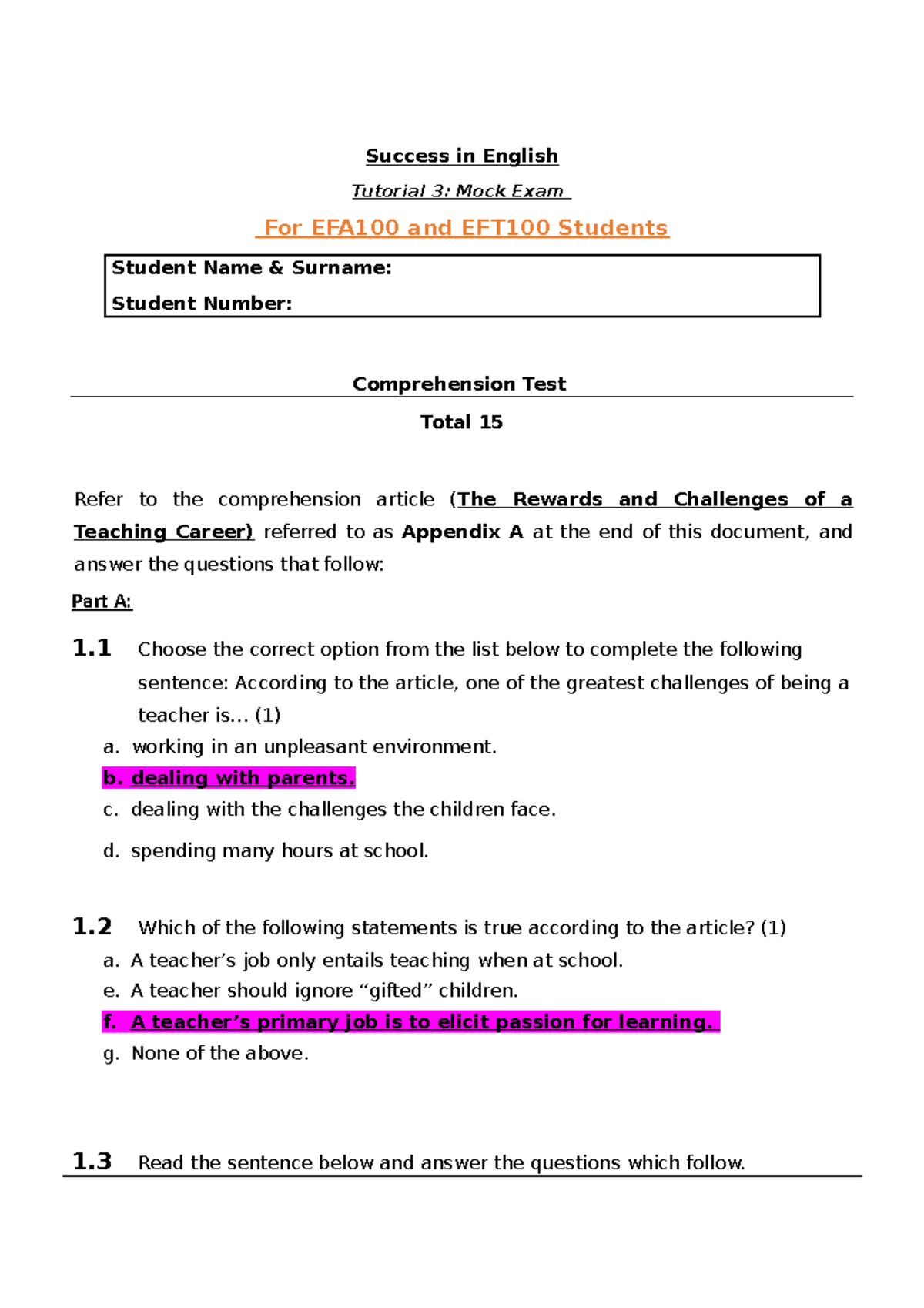 EFA100 Success in English - Success in English Tutorial 3: Mock Exam ...