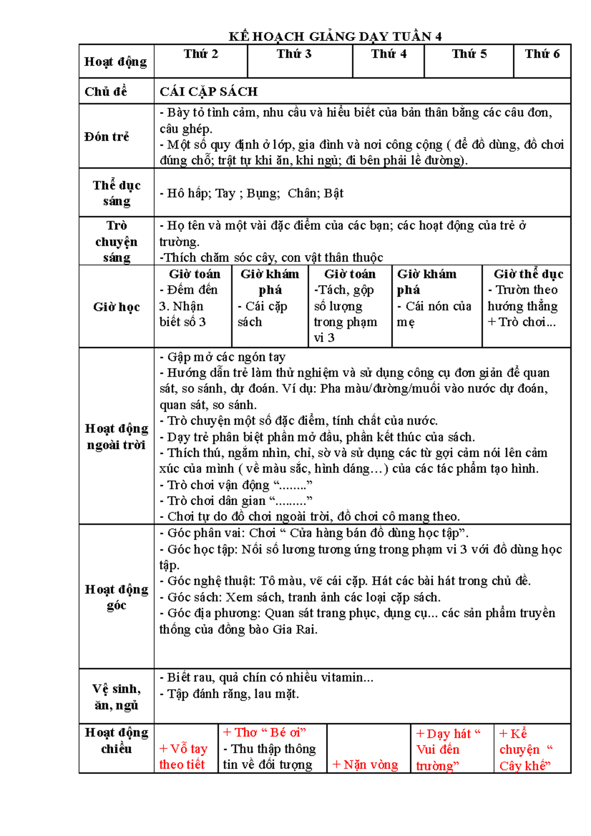 T4 CÁI CẶP SÁCH ( Gộp) - giáo án mầm non - K쨃Ā HO䄃⌀CH GI䄃ऀNG D䄃⌀Y TU숃N 4 Hoạt động Thứ 2 Thứ 3 ...