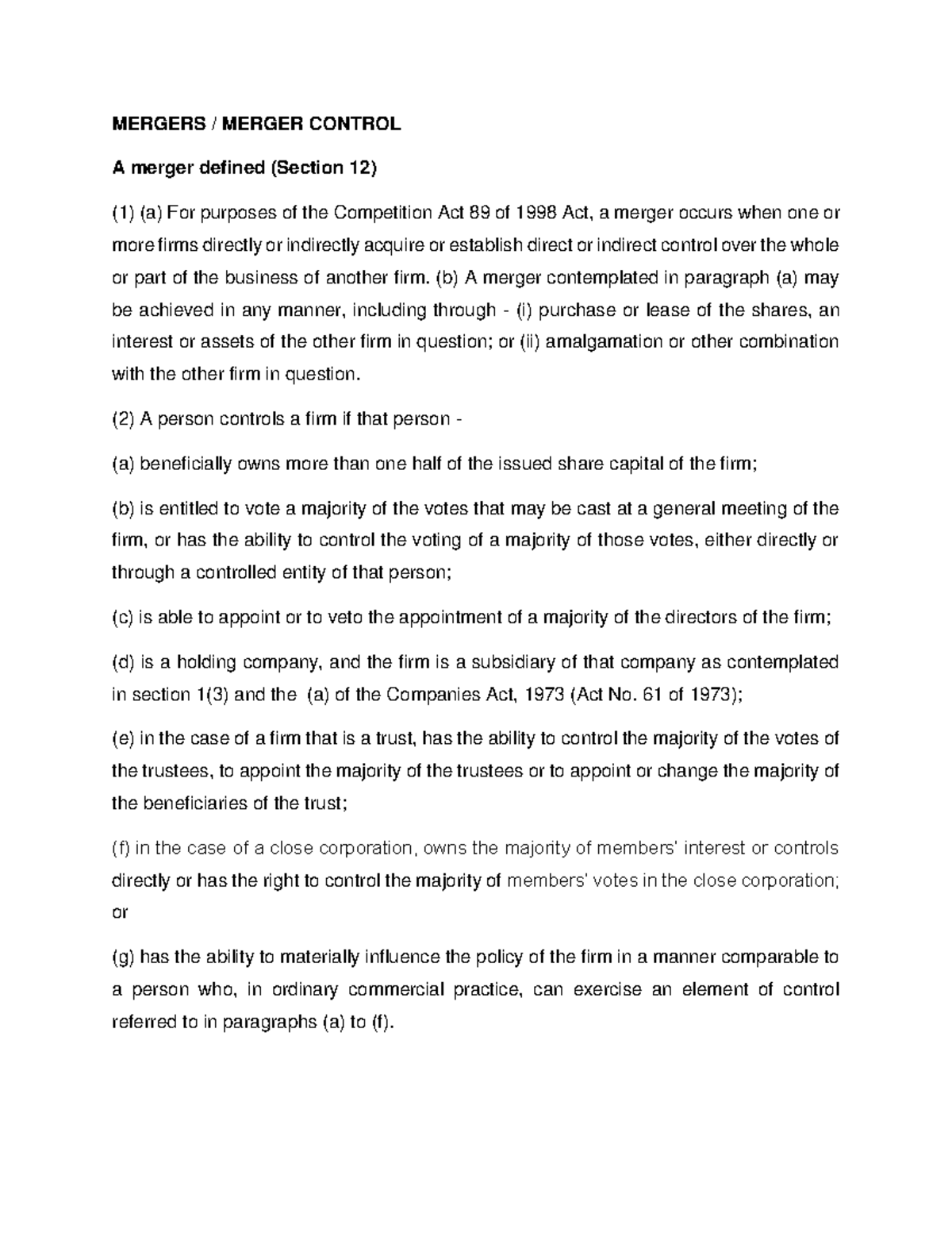 Mergers Notes - MERGERS / MERGER CONTROL A merger defined (Section 12 ...