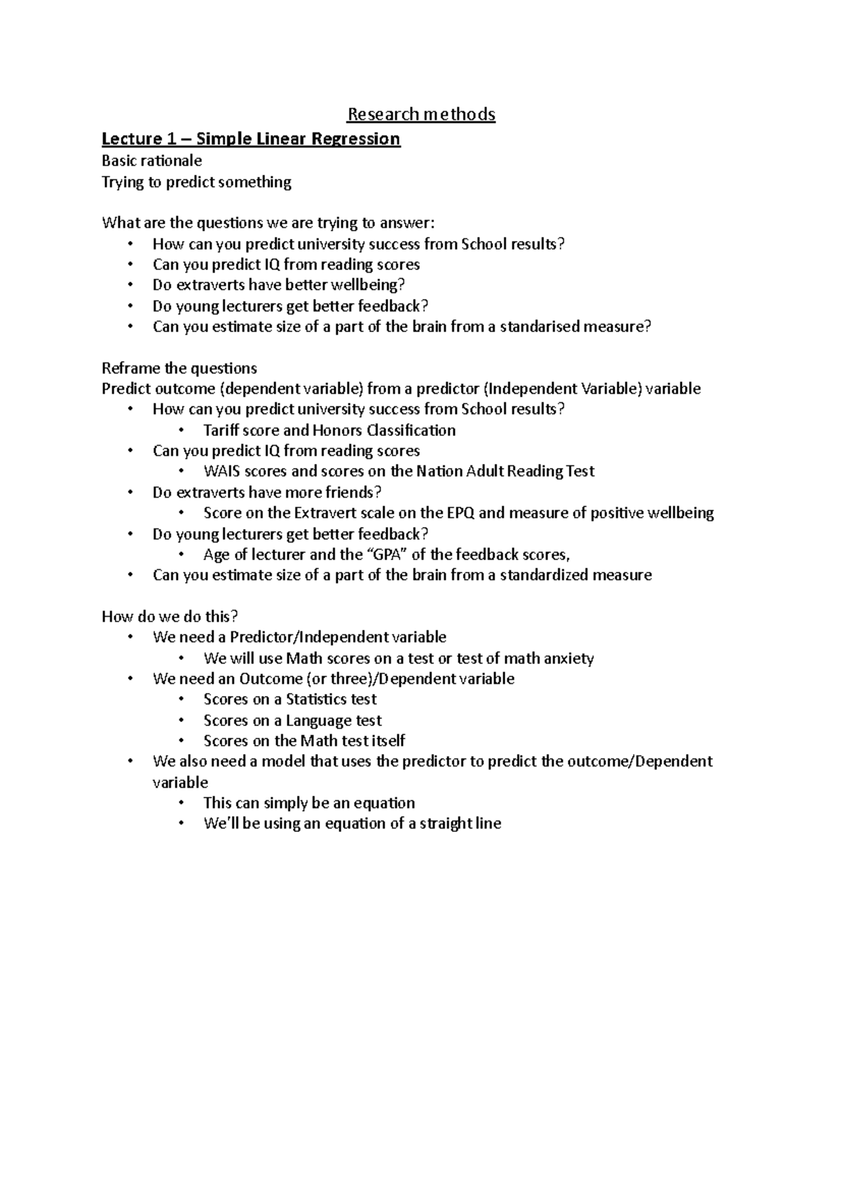 Research methods Y2 term 1 - Research methods Lecture 1 – Simple Linear Regression Basic ...