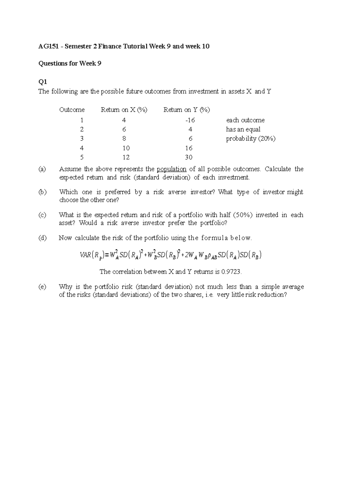 Tutorial weeks 9 and 10 - solutions - AG151 - Semester 2 Finance ...
