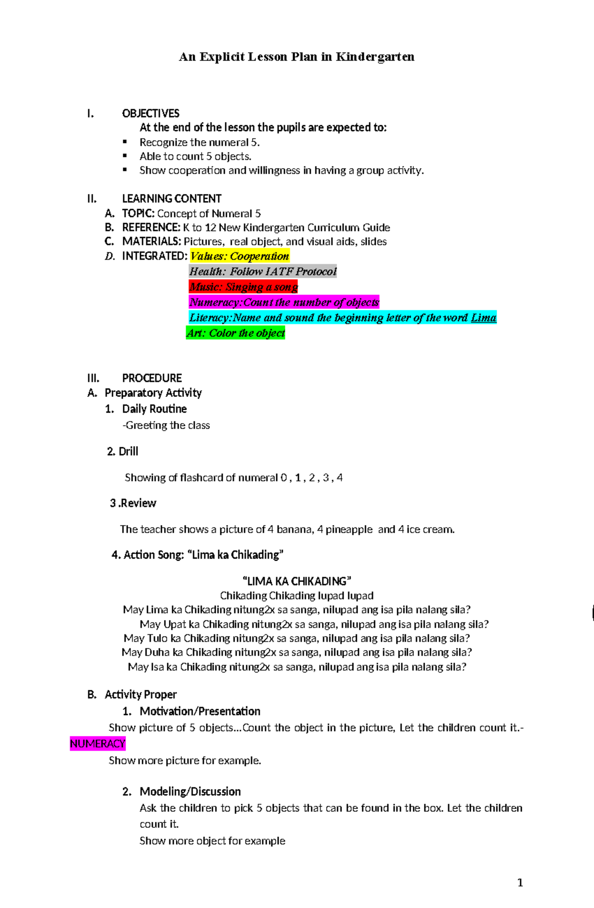Number 5 Kindergarten - An Explicit Lesson Plan in Kindergarten I ...