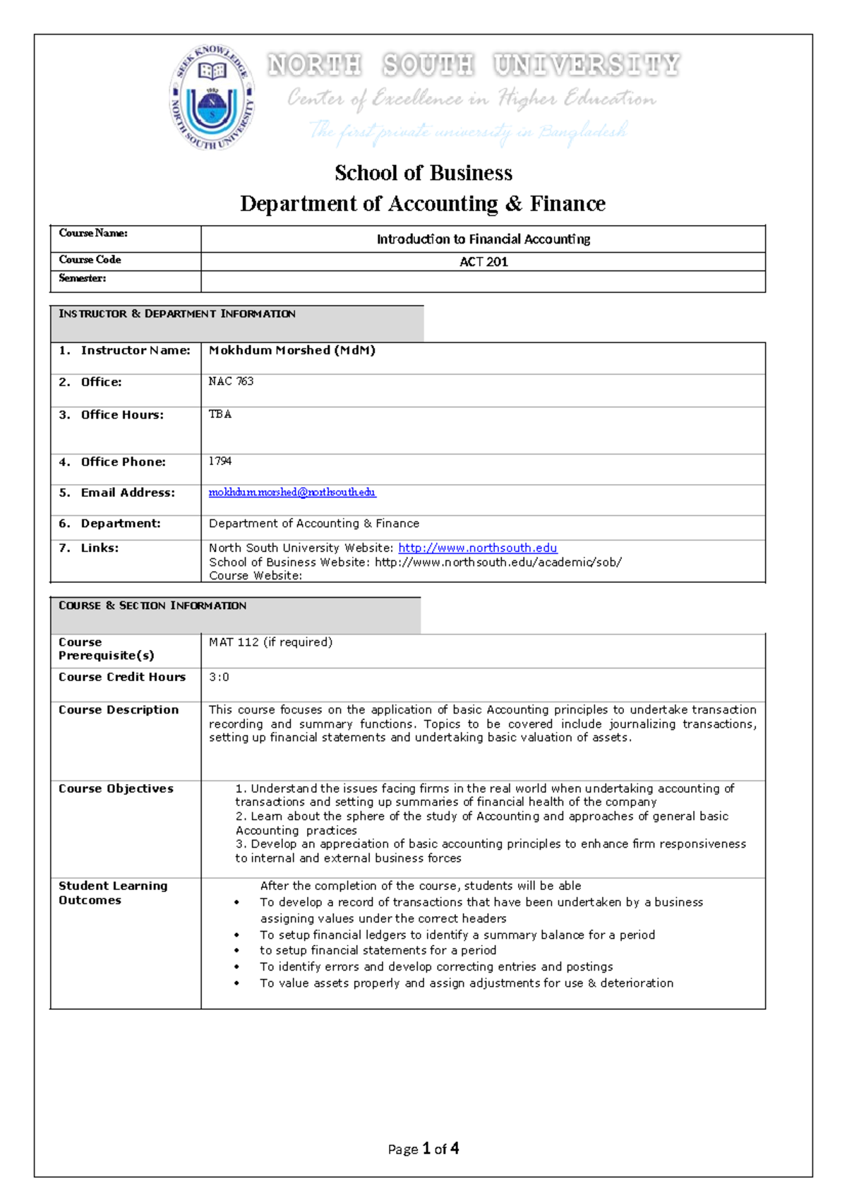 ACT 201 course outline-1 - School of Business Department of Accounting ...