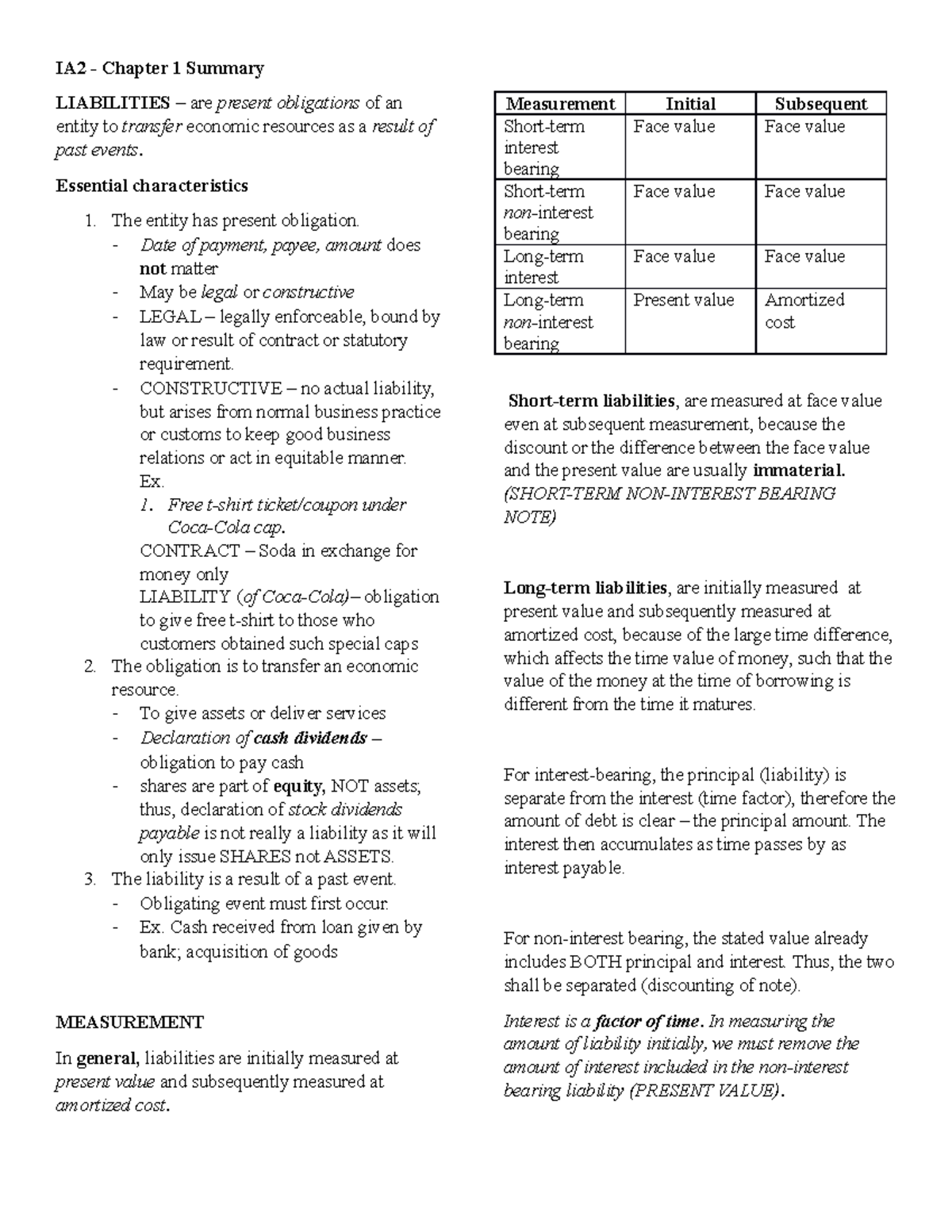 Chap 1 Summary IA2 - IA2 - Chapter 1 Summary LIABILITIES – are present obligations of an entity ...