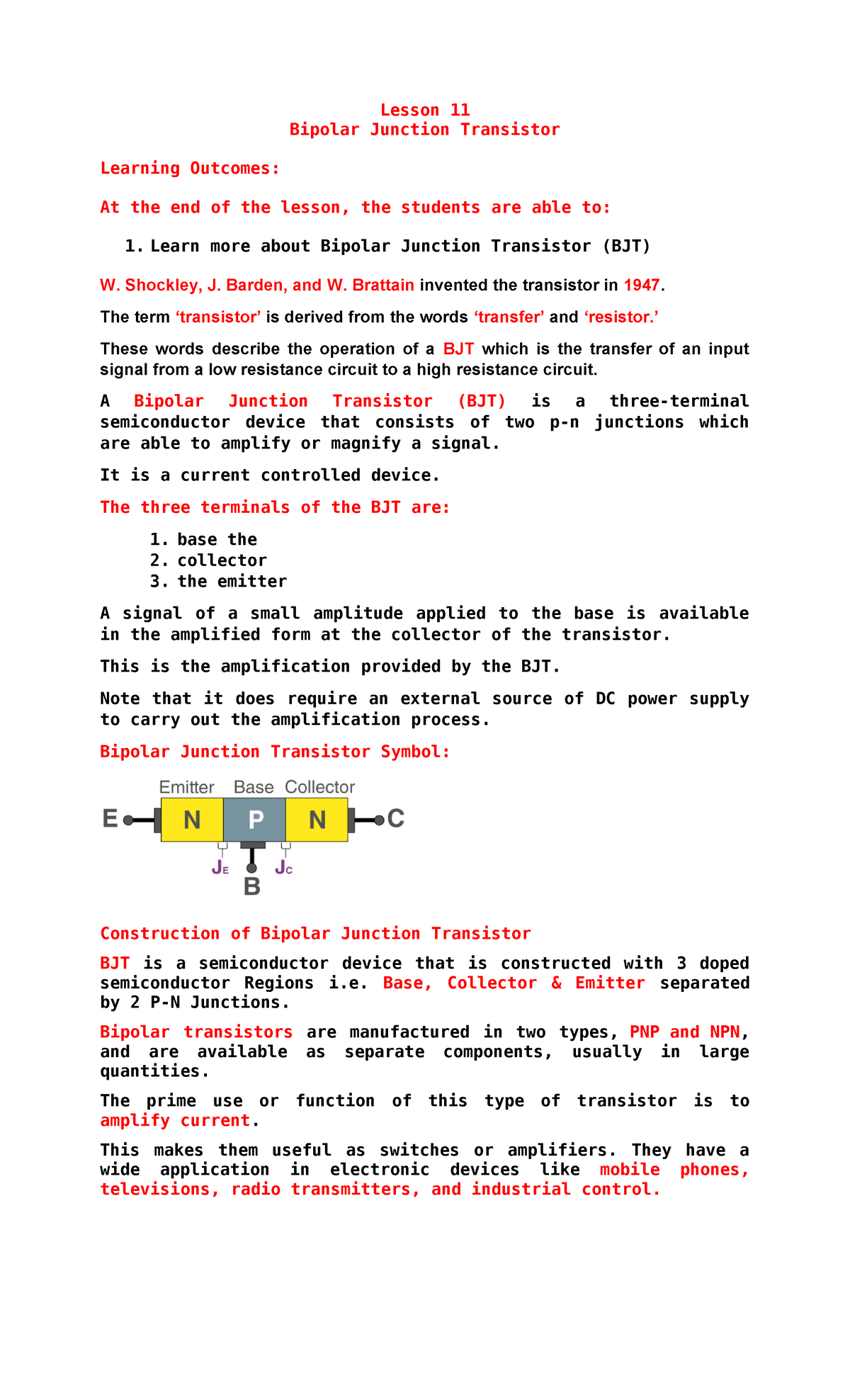 Lesson-11 - Just a notes - Lesson 11 Bipolar Junction Transistor ...