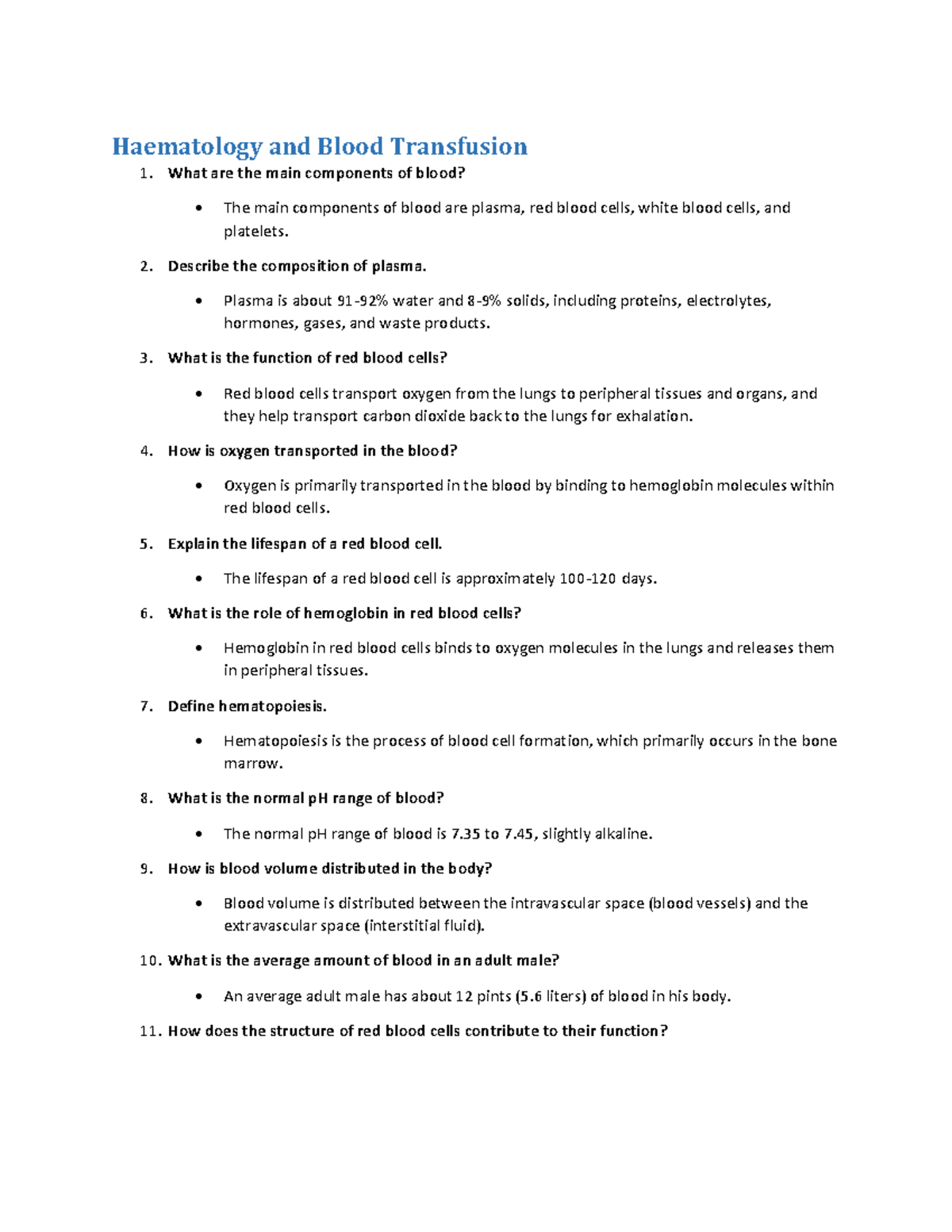 Haematology and Blood Transfusion 2 - What are the main components of ...