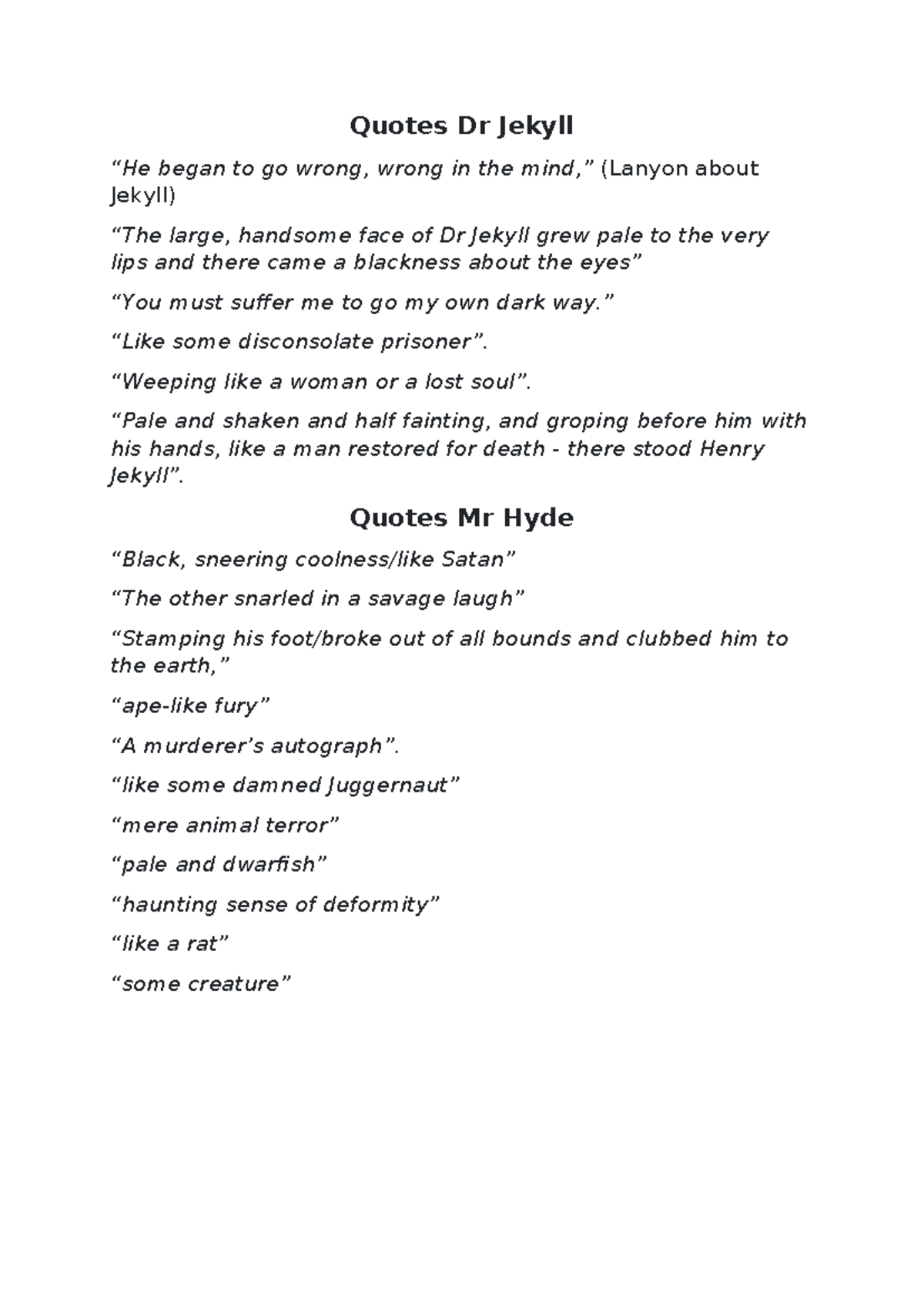Key Quotes for Dr Jekyll and Mr Hyde - Quotes Dr Jekyll “He began to go ...