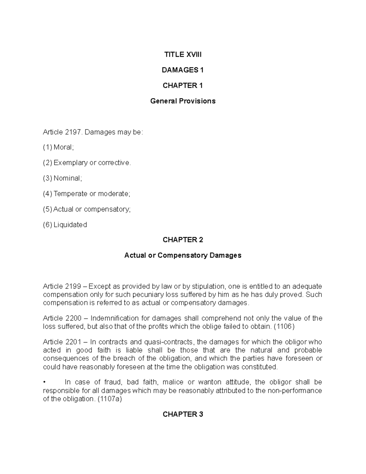 Law on Obligations and Contract - Damages - TITLE XVIII DAMAGES 1 ...