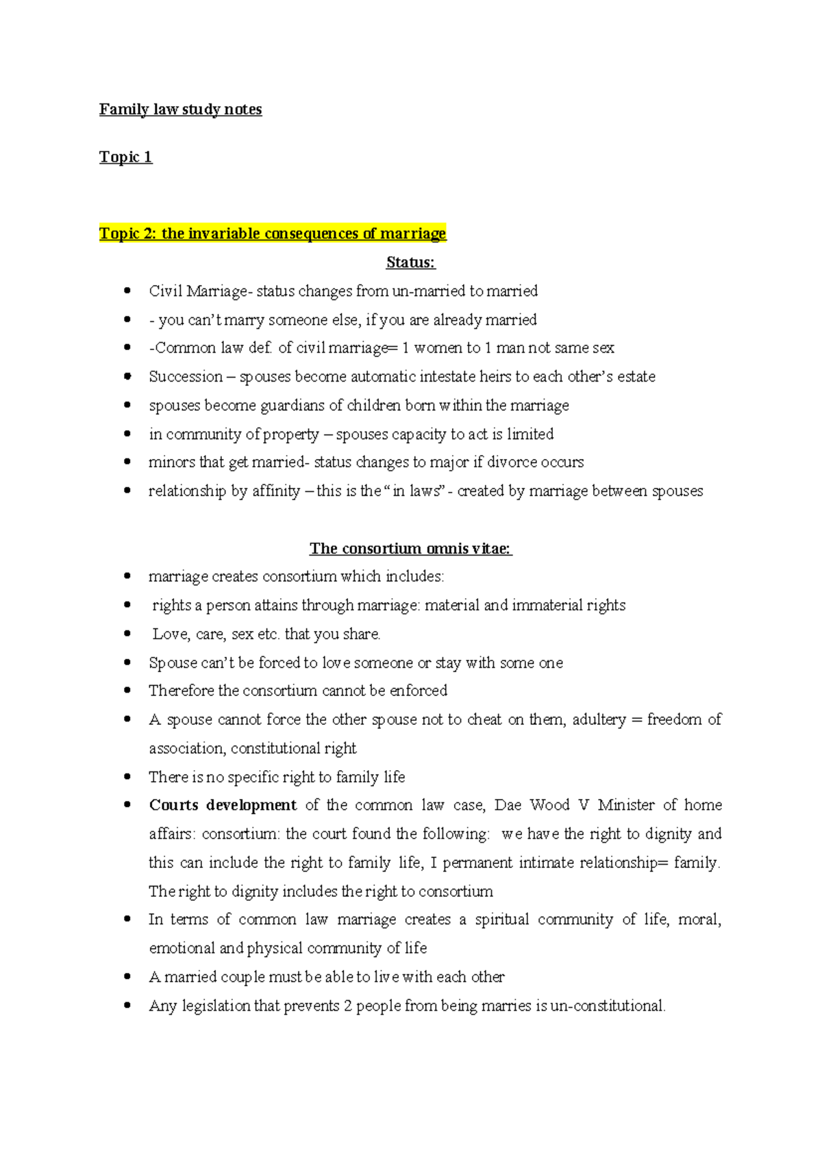 Family-law-exam-notes 2 - Family law study notes Topic 1 Topic 2: the ...