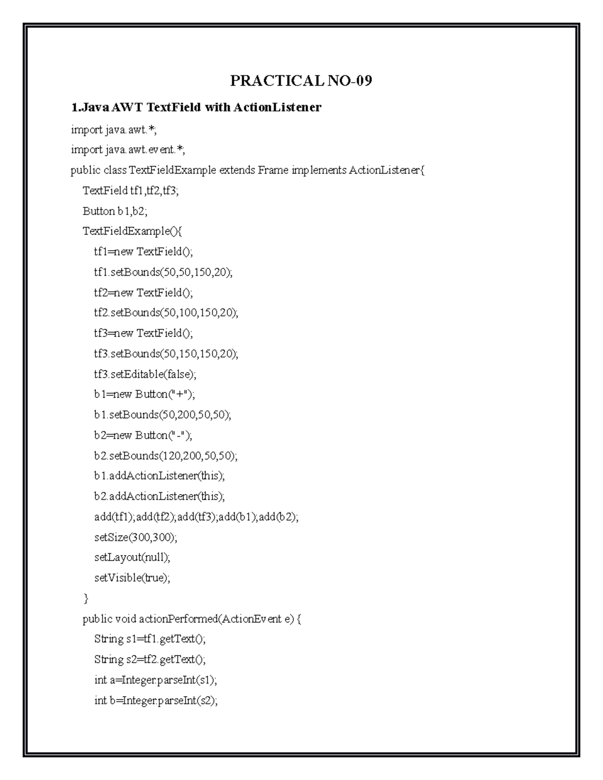 PL-9-AWT TextField with ActionListener - Java Programming - BVP - Studocu