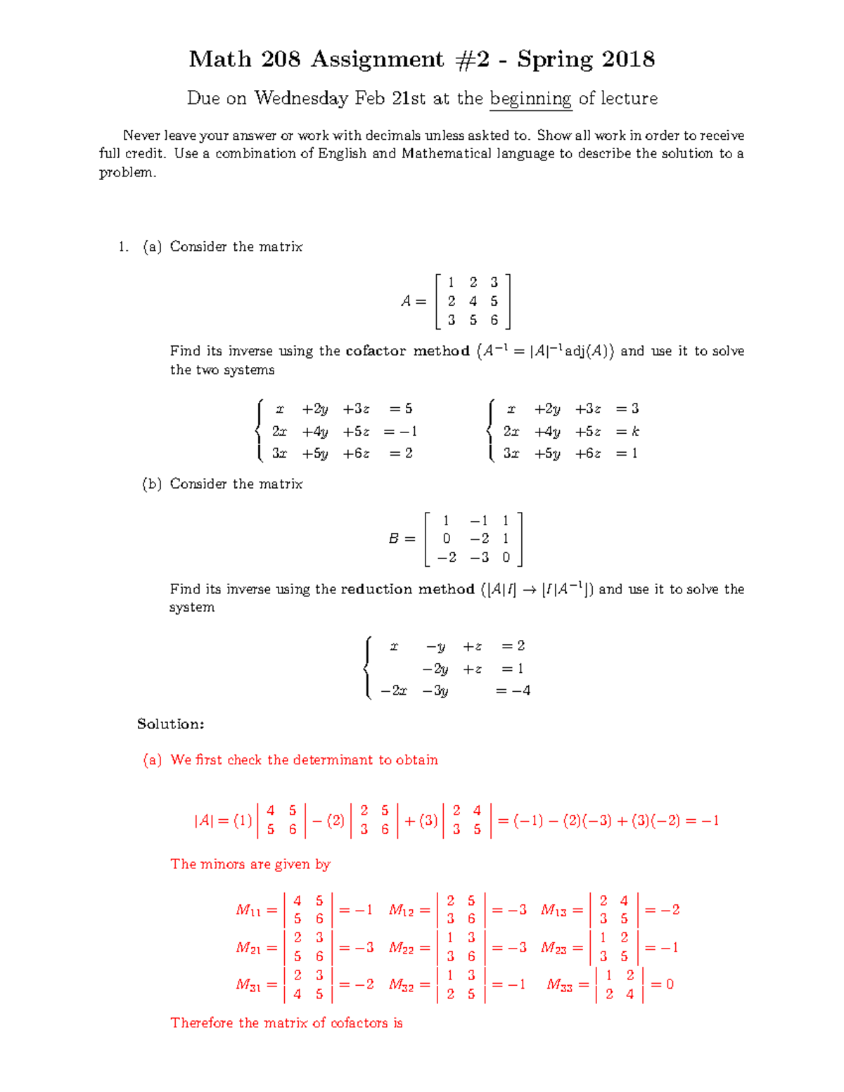 Assignment 2Solutions - Math 208 Assignment Spring 2018 Due on ...