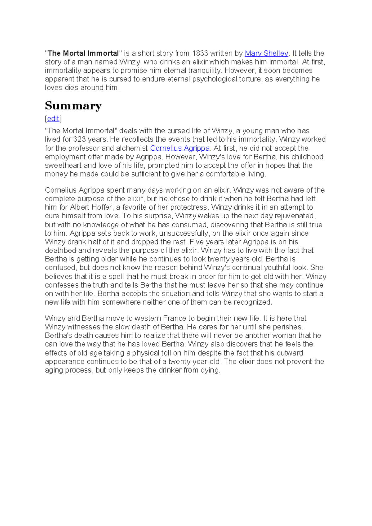 The Mortal Immortal - "The Mortal Immortal" is a short story from 1833 ...