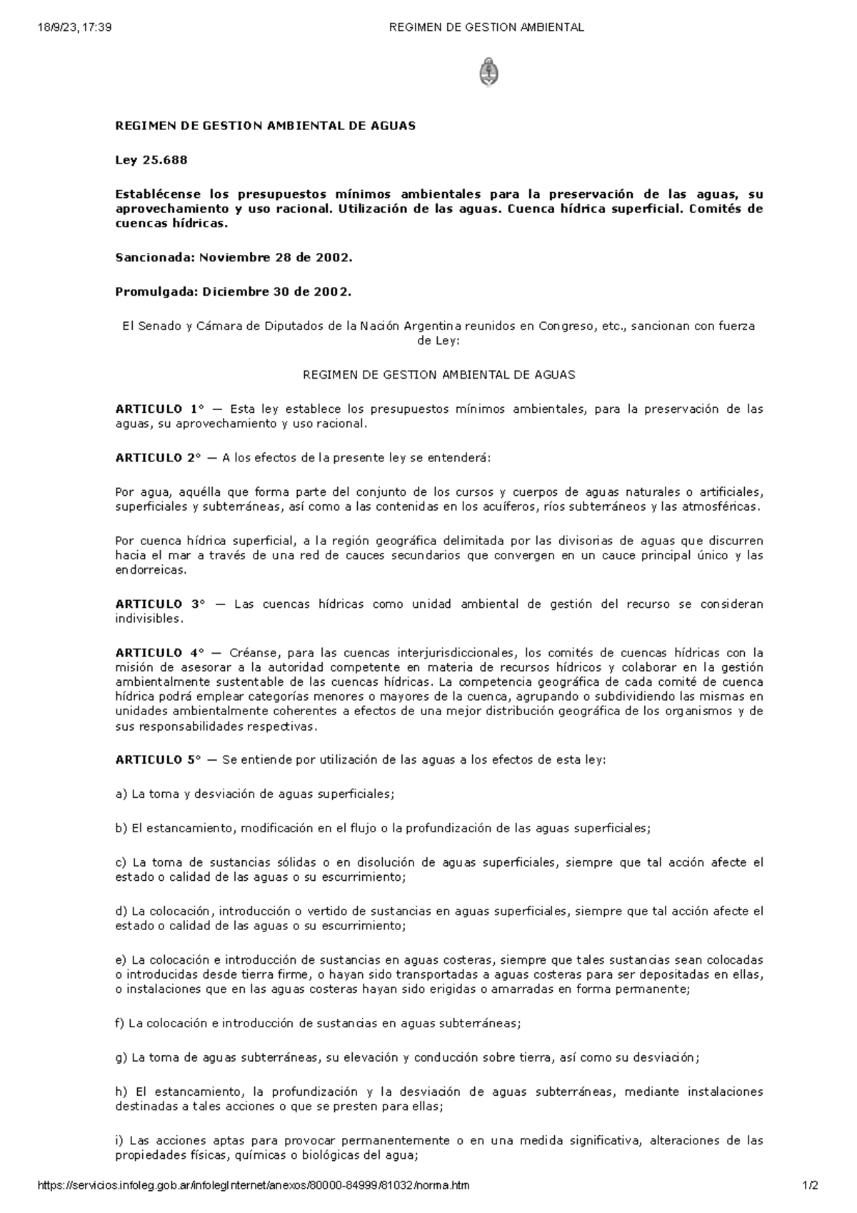 Ley 25688 Regimen DE Gestion Ambiental - Derecho De Los Recursos ...