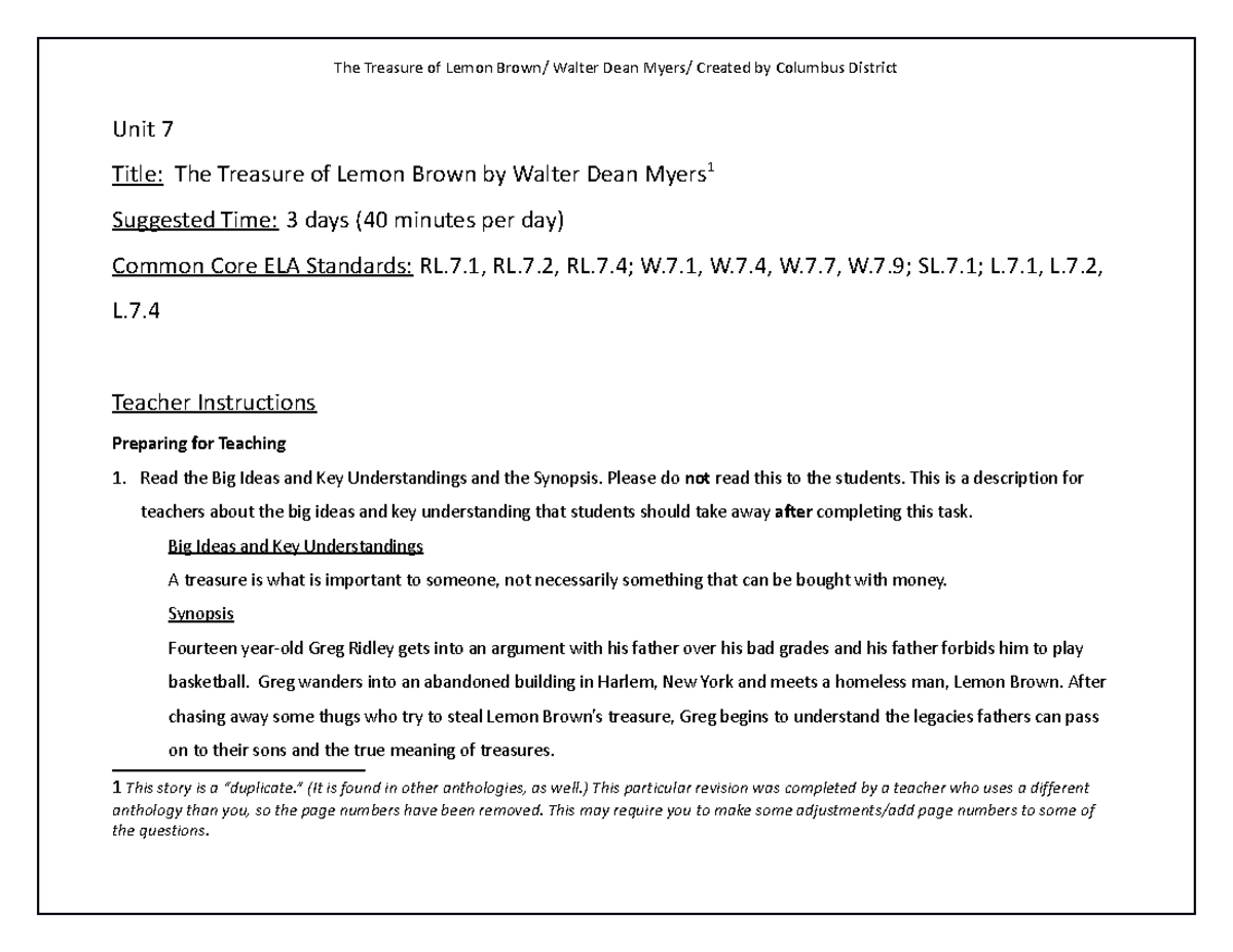 7. Treasure of Lemon Brown. lesson - Anthology - Unit 7 Title: The ...