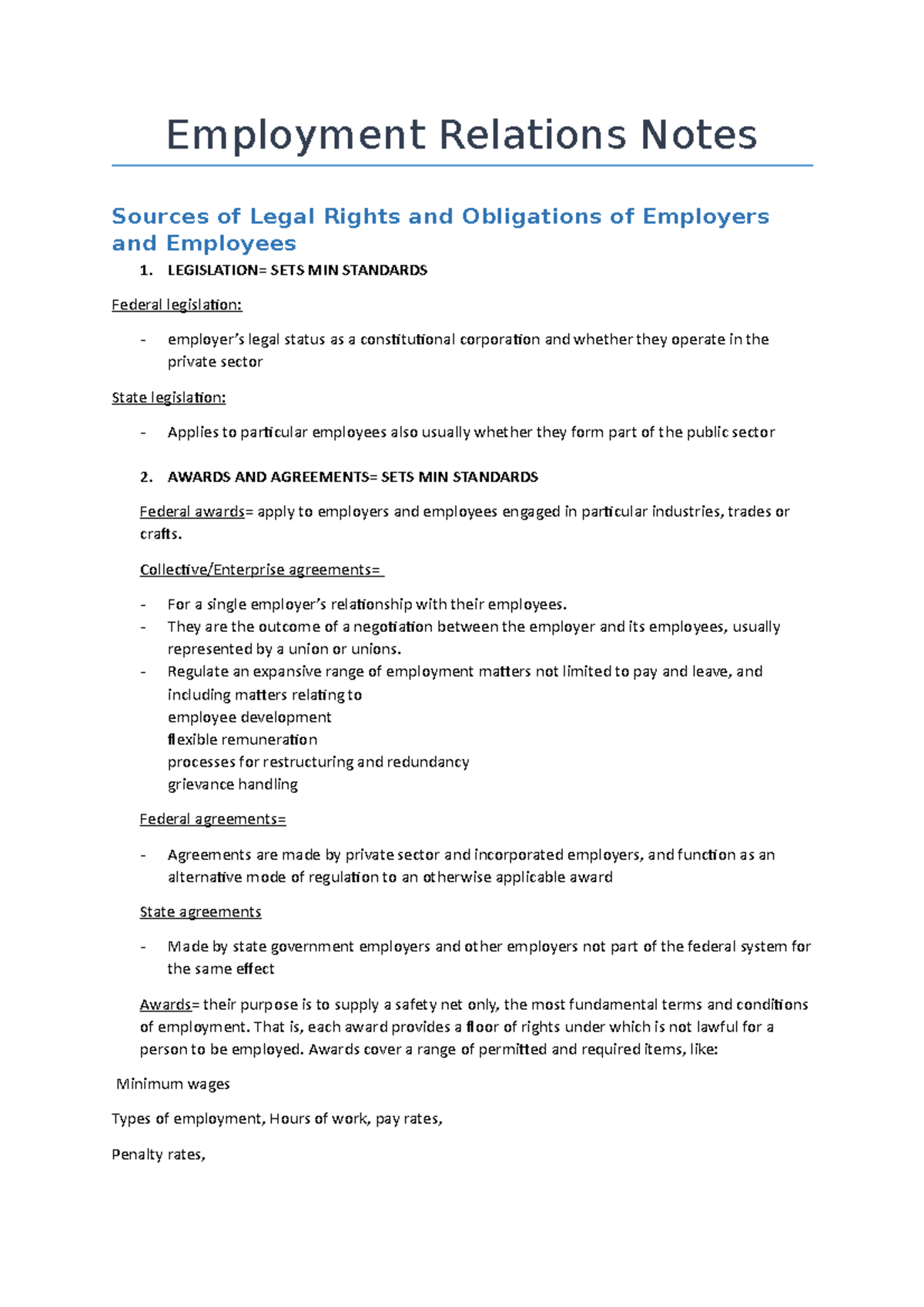 Employment Relations Notes - Employment Relations Notes Sources of ...