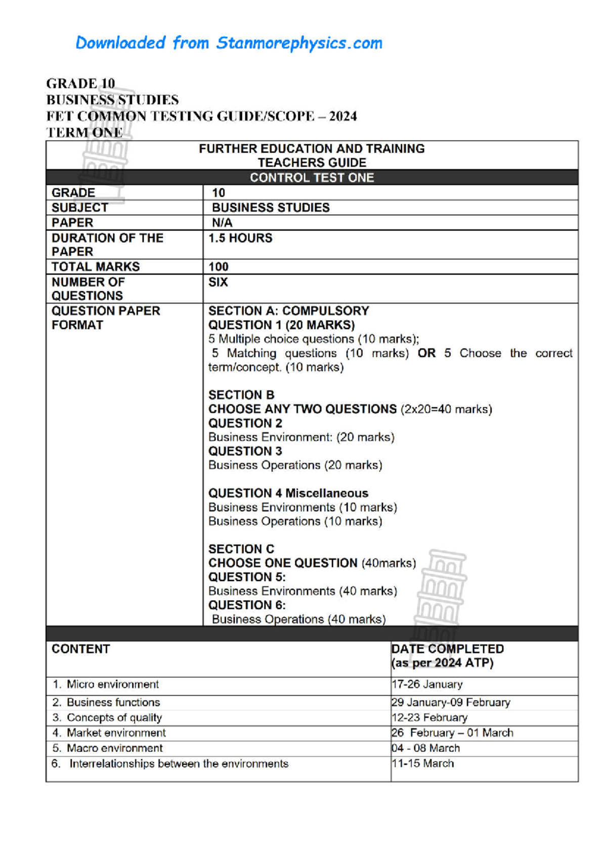 Business Studies Grade 10 Scope 2024 - GRADE 10 BUSINESS STUDIES FET ...