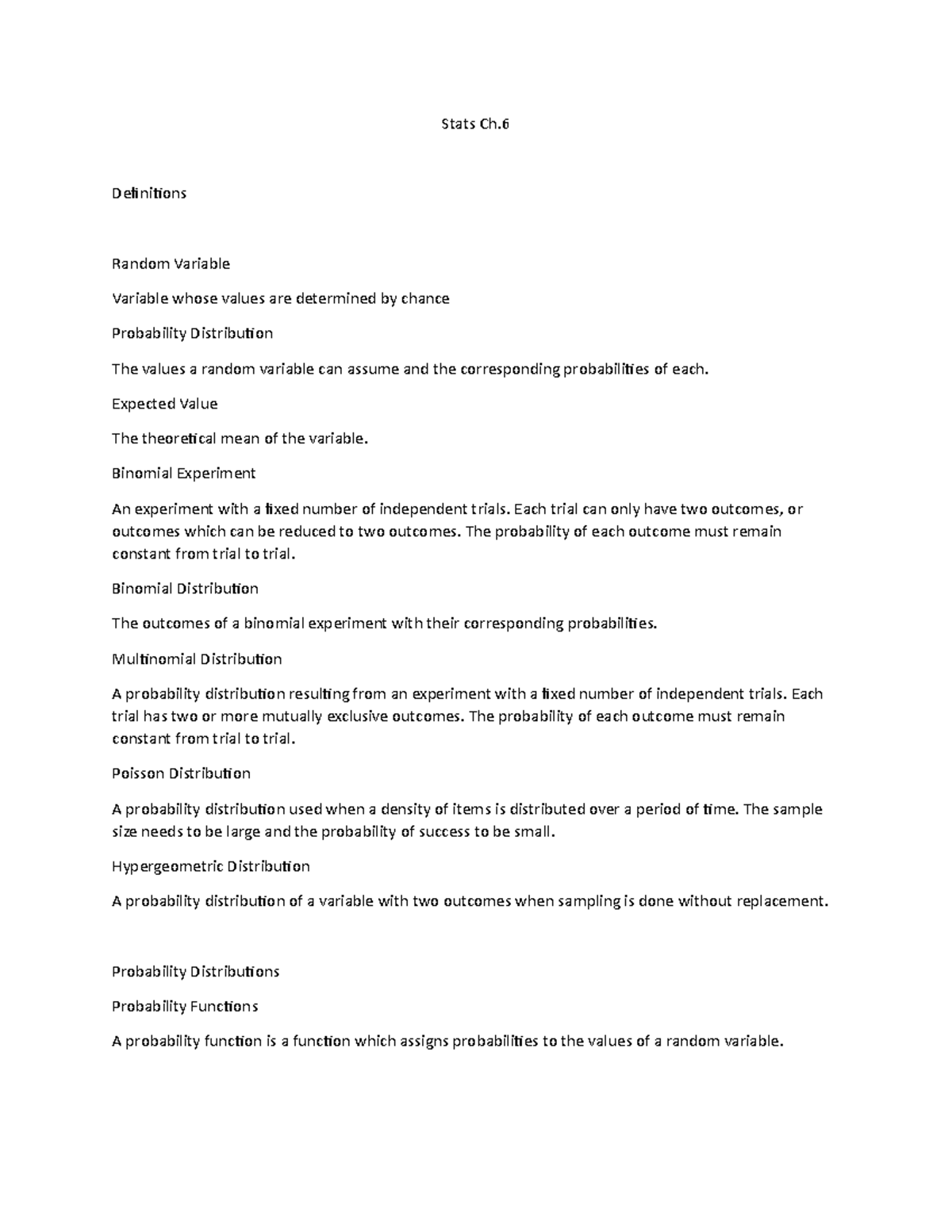 Statistics chapter 6 - Stats Ch Definitions Random Variable Variable ...