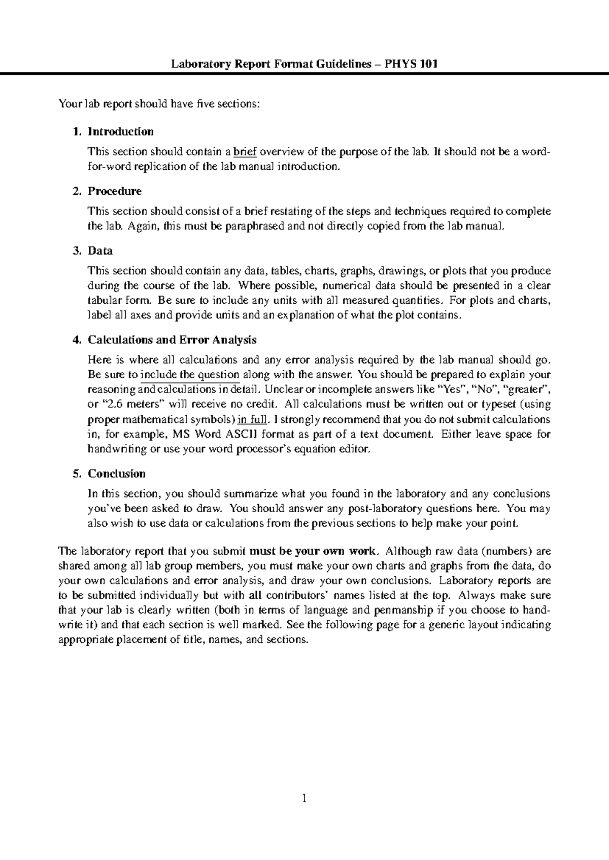 Lab format - Laboratory Report Format Guidelines – PHYS 101 Your lab ...