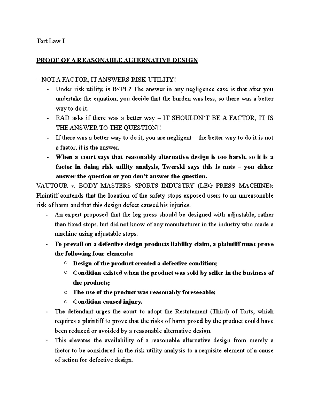 Proof of a Reasonable Alternative Design - Tort Law I PROOF OF A ...