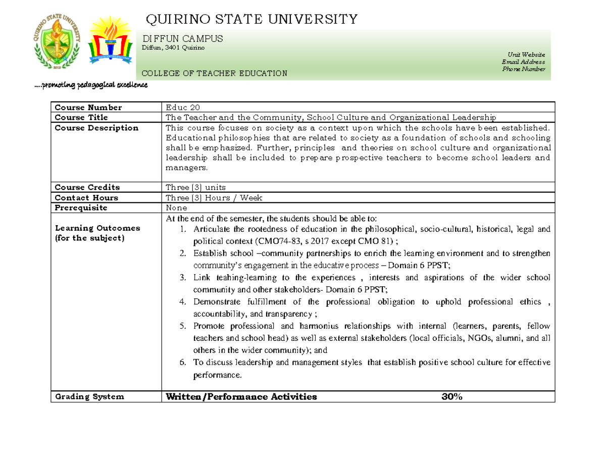 Educ 20 Course Outline - Lecture notes 1 - COLLEGE OF TEACHER EDUCATION ...