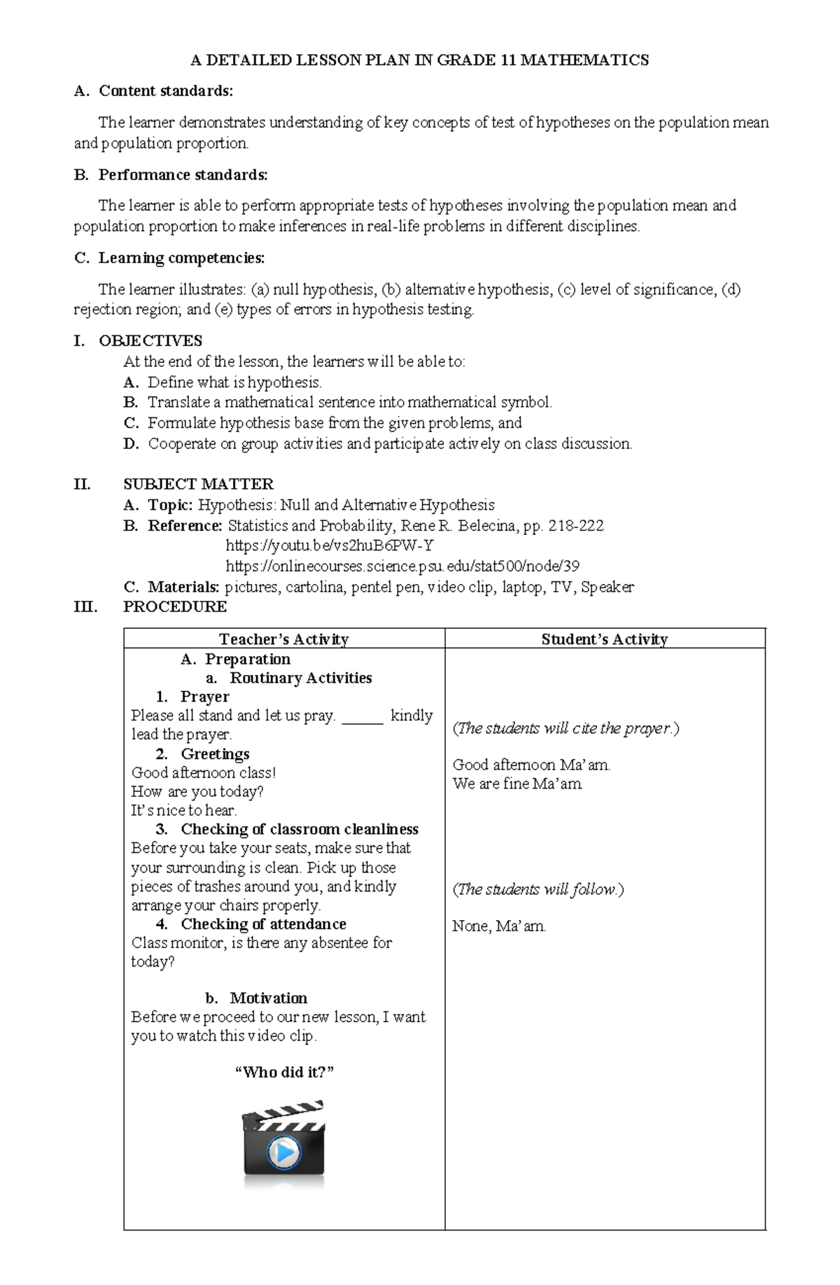 LP-SHS - A DETAILED LESSON PLAN IN GRADE 11 MATHEMATICS A. Content ...