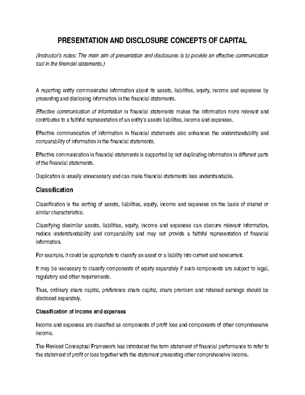 PRESENTATION AND DISCLOSURE CONCEPTS OF CAPITAL - PRESENTATION AND ...