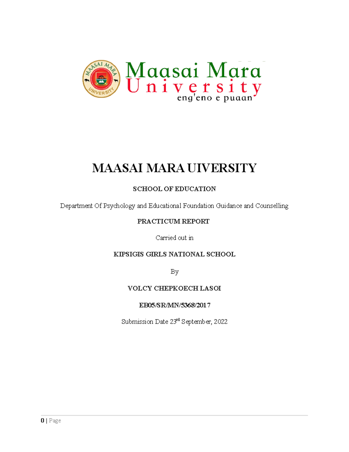 Volcy Practicum Report - MAASAI MARA UIVERSITY SCHOOL OF EDUCATION ...