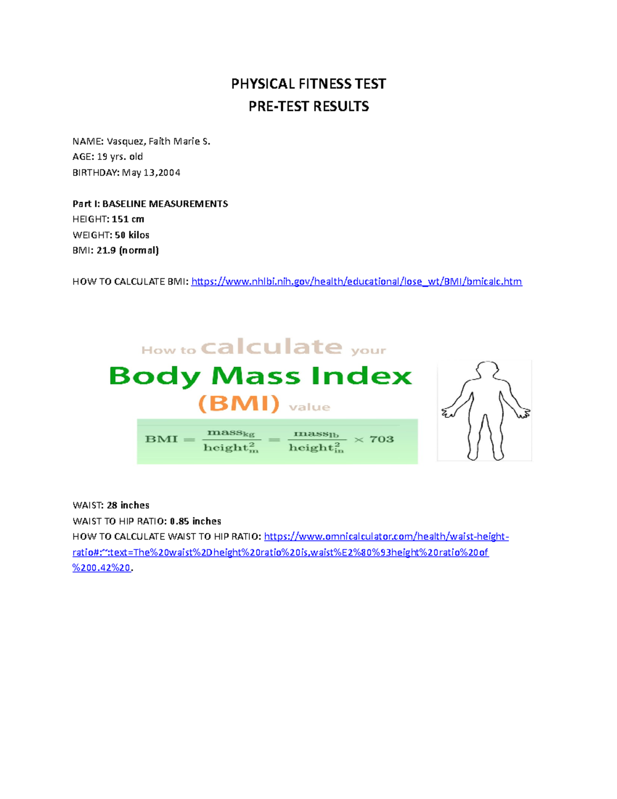 Physical- Fitness-TEST - PHYSICAL FITNESS TEST PRE-TEST RESULTS NAME ...