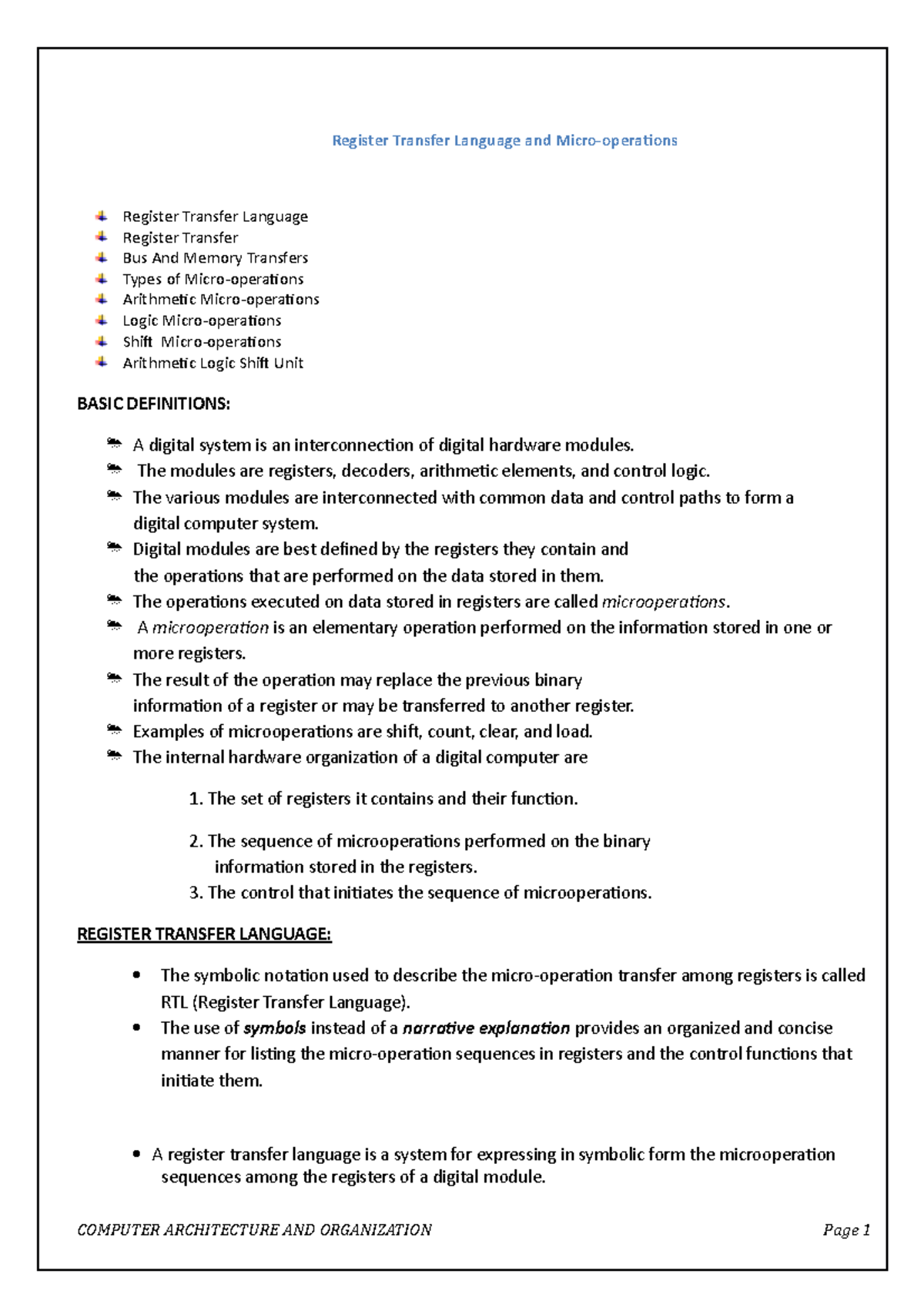 Coanote-MCA - Register Transfer Language and Micro-operations Register ...
