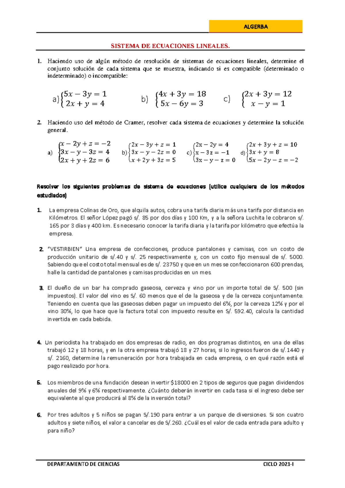 Sistema DE Ecuaciones Lineales- Lista DE Ejercicios - DEPARTAMENTO DE CIENCIAS CICLO 20 21 - I ...