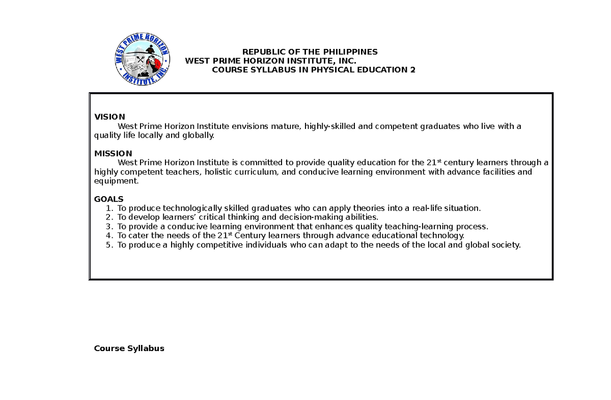 Sample-syllbus - hand outs - REPUBLIC OF THE PHILIPPINES WEST PRIME ...