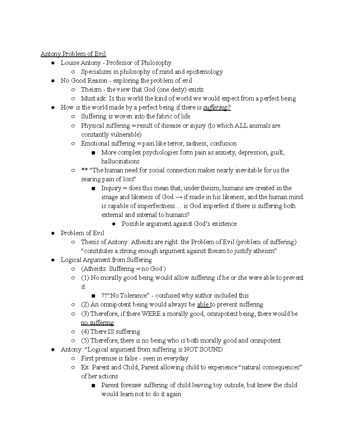 Reading Notes 3 - Antony Problem of Evil Louise Antony - Professor of ...