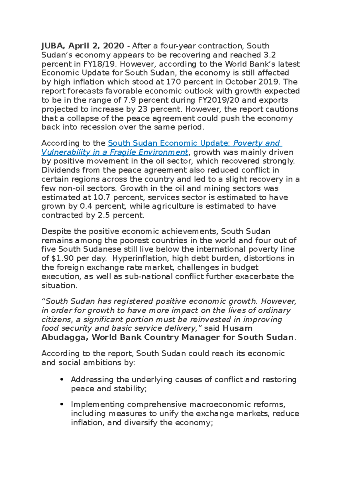 Refrence 2 - 00,, - JUBA, April 2, 2020 - After a four-year contraction ...