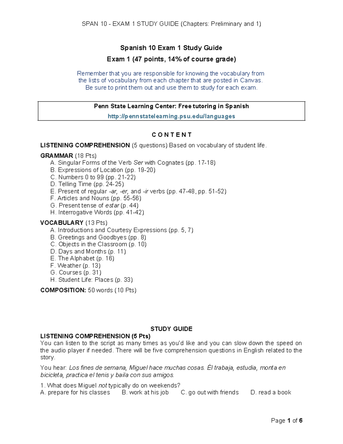 Span10 Exam 1 Study Guide - Spanish 10 Exam 1 Study Guide Exam 1 (47 ...
