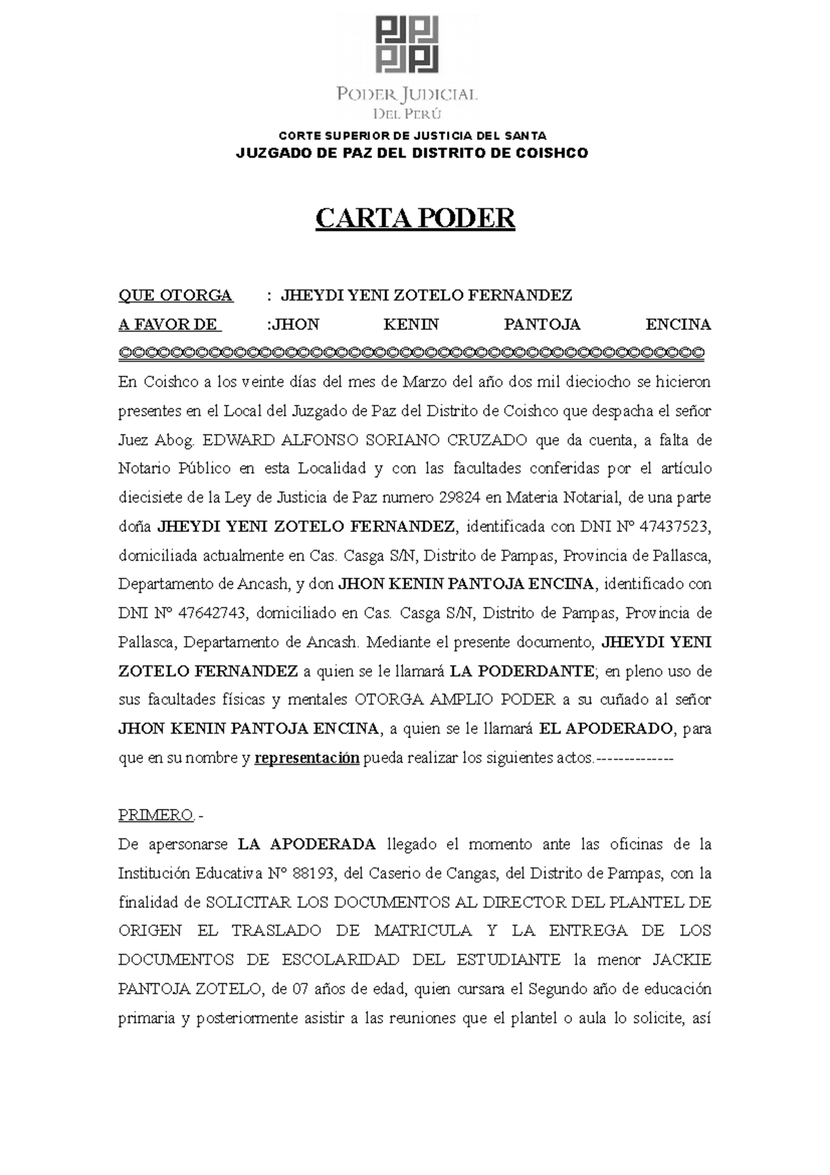 Carta Poder - CORTE SUPERIOR DE JUSTICIA DEL SANTA JUZGADO DE PAZ DEL DISTRITO DE COISHCO CARTA ...