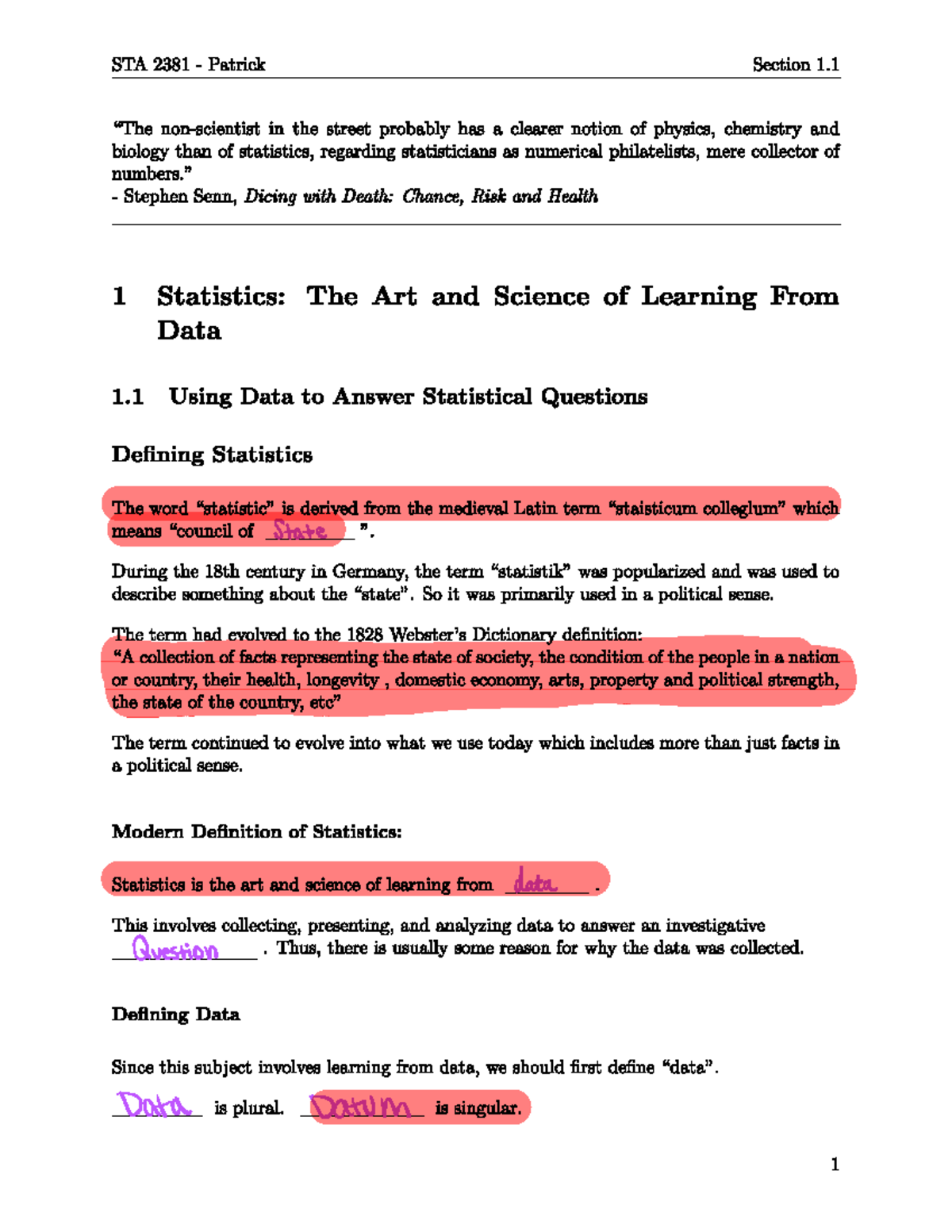 Ch1 stats patrick notes - State data Question Data Datum Collection ...