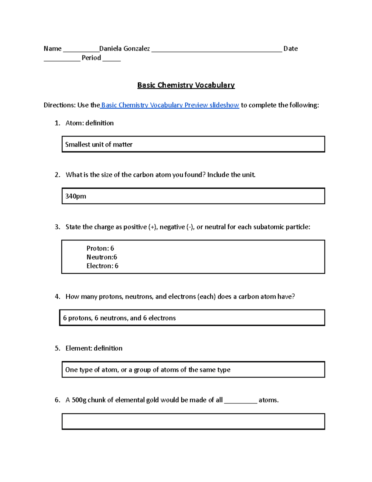 Basic Chem Vocab wksht - Science work - Name Daniela Gonzalez
