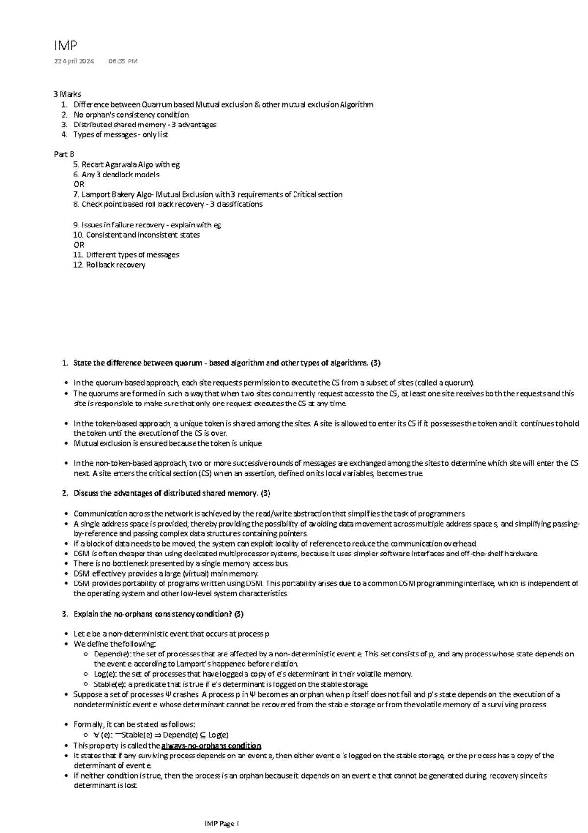 DC IMP Questions - 3 Marks Difference between Quarrum based Mutual exclusion & other mutual ...