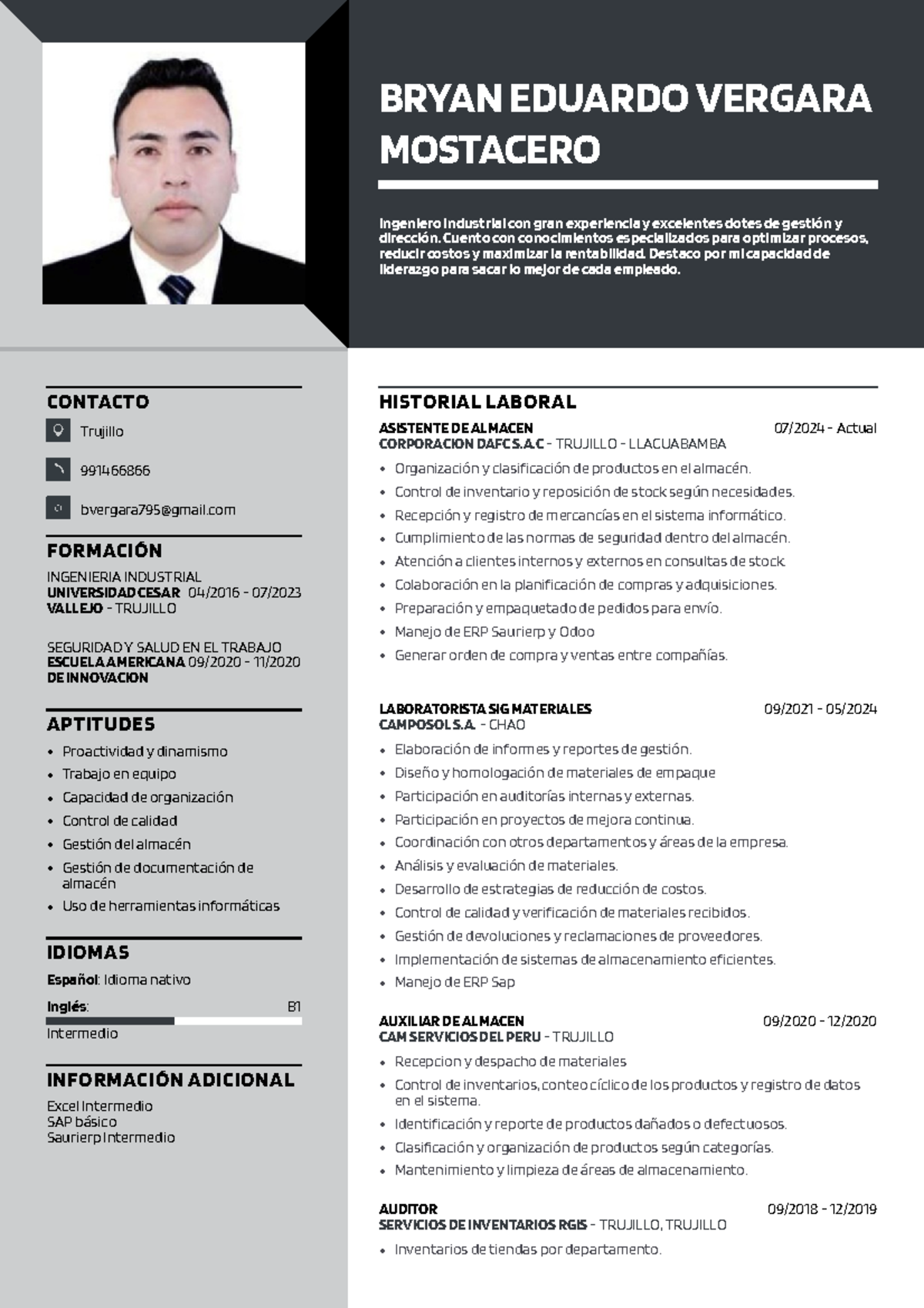CV. Bryan Vergara - como armar cv - Ingeniero Industrial con gran ...