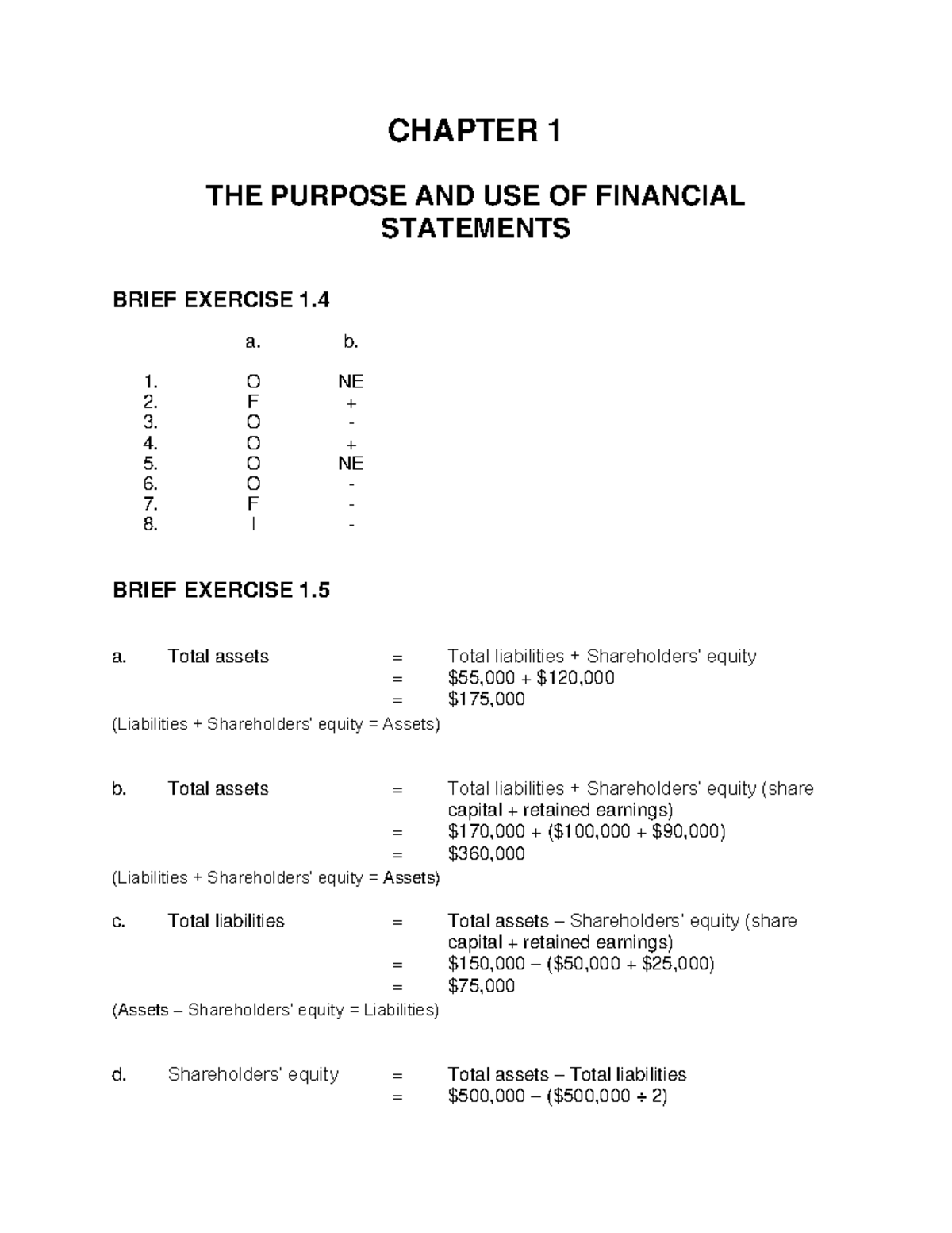 3- Chapter 1 BE and Exercise Solutions - CHAPTER 1 THE PURPOSE AND USE OF FINANCIAL STATEMENTS ...