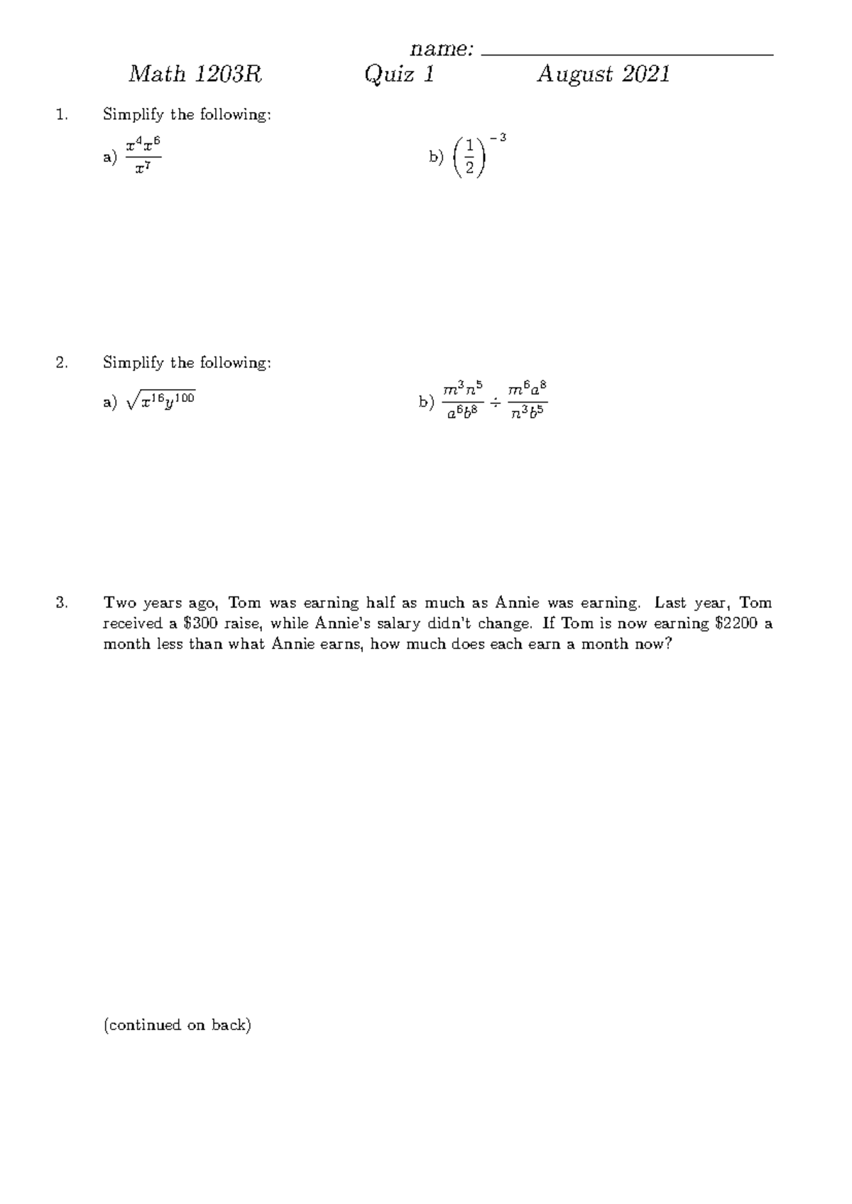 Q1 - college algebra quiz - Math 1203R Quiz 1 August 2021 name ...