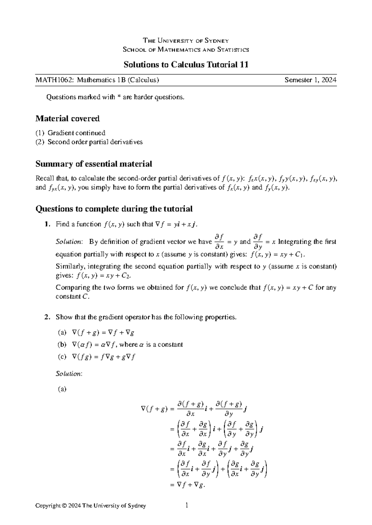 Solutions to calculus tutorial 11 - The University of Sydney School of ...