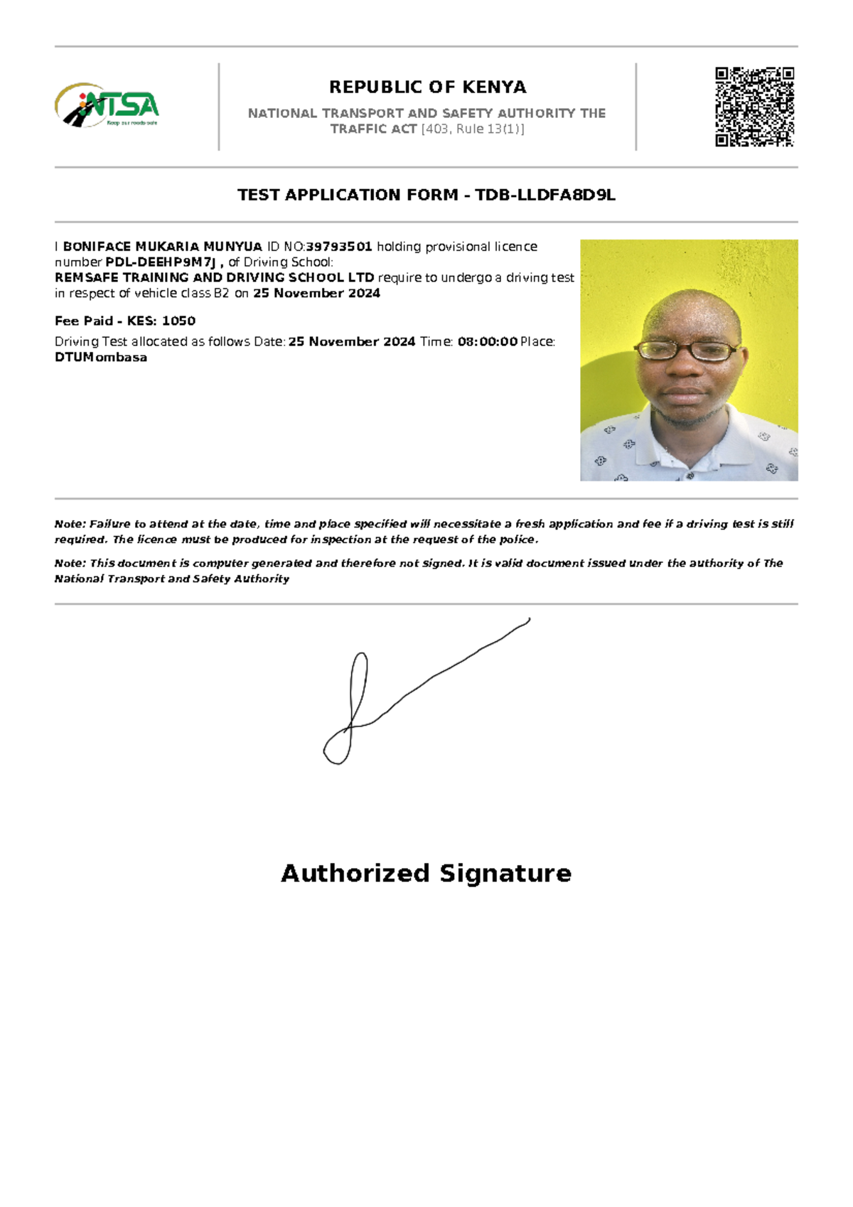 TDB- Lldfa 8D9L-Driving Test Application - REPUBLIC OF KENYA NATIONAL ...