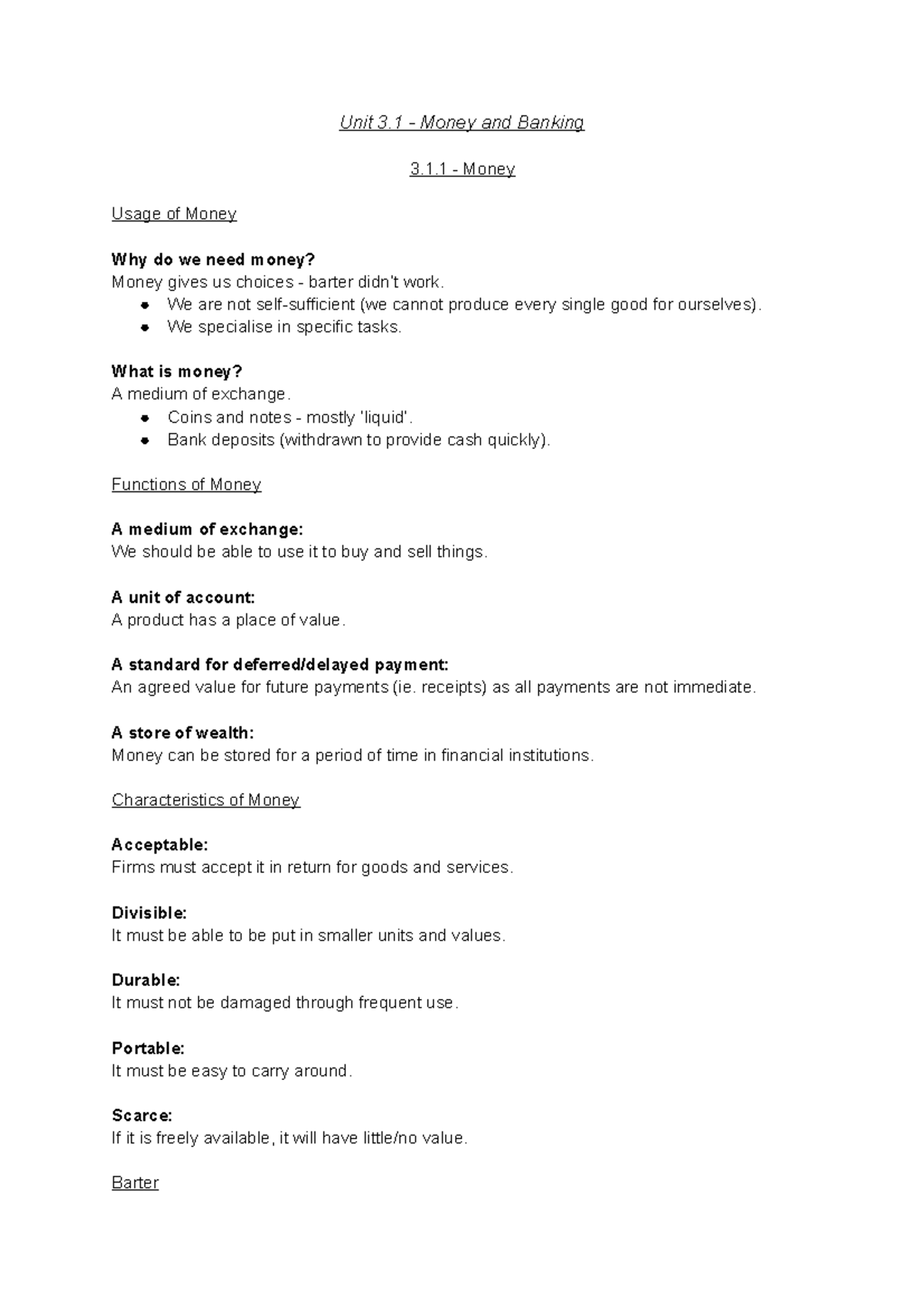 3.1 - Money and Banking - Unit 3 - Money and Banking 3.1 - Money Usage ...