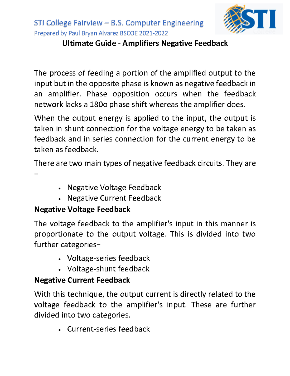 Ultimate Guide - Amplifiers Negative Feedback - Prepared by Paul Bryan Alvarez BSCOE 2021 ...