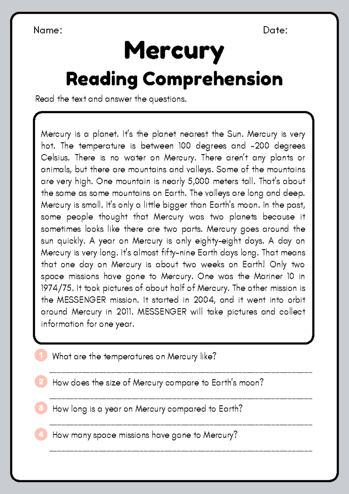 Planets English Reading Comprehension Worksheet in Colorful Simple Style - Mercury Reading - Studocu