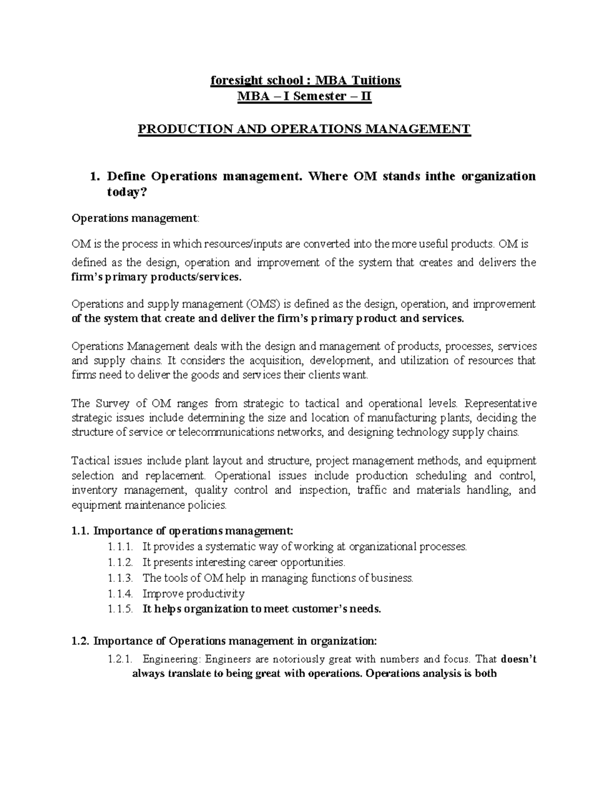 Sem 2 POM - management - foresight school : MBA Tuitions MBA – I ...
