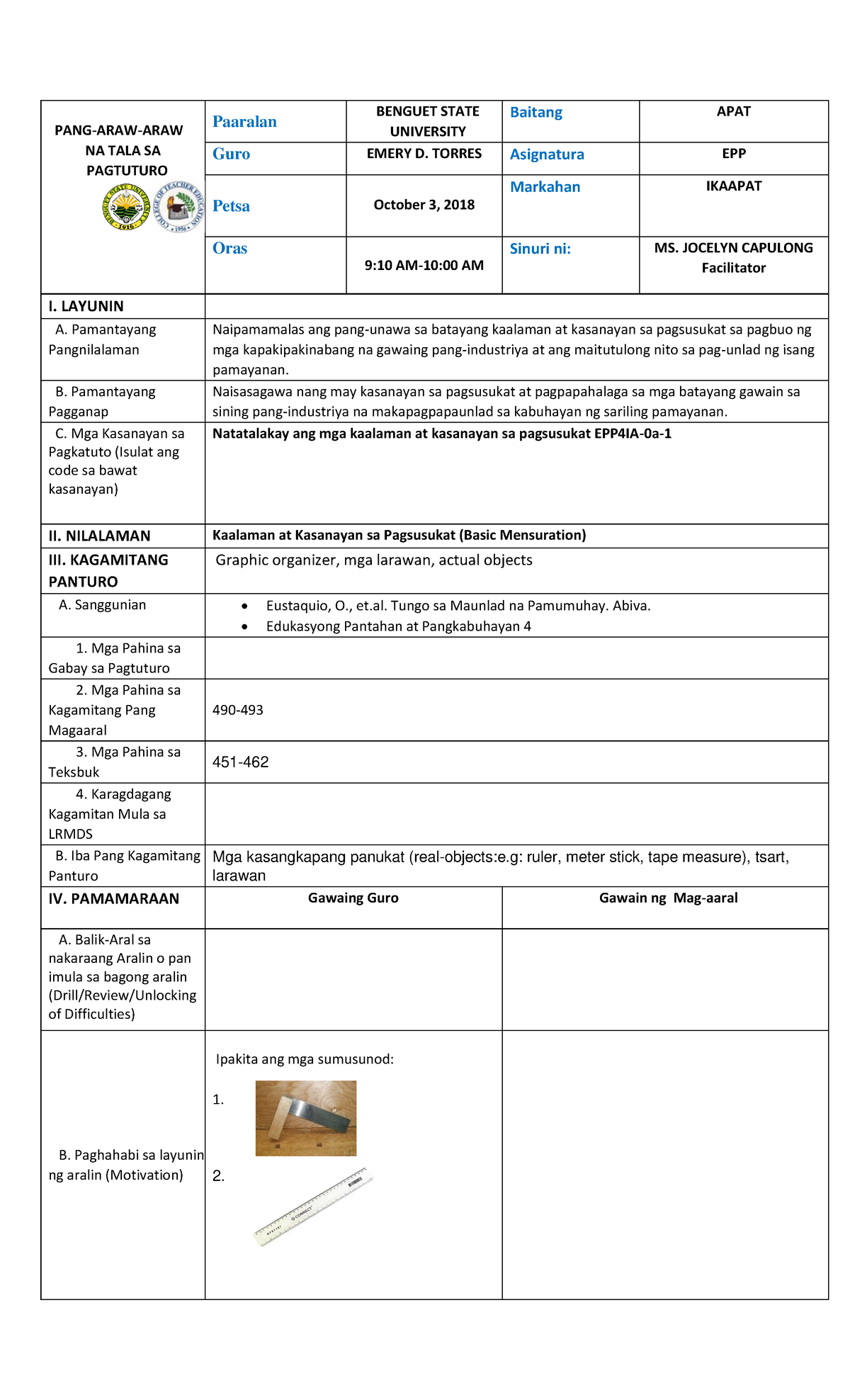 655282429 Lesson Plan EPP4 EPP4IA 0a 1 - PANG-ARAW-ARAW NA TALA SA PAGTUTURO Paaralan BENGUET ...