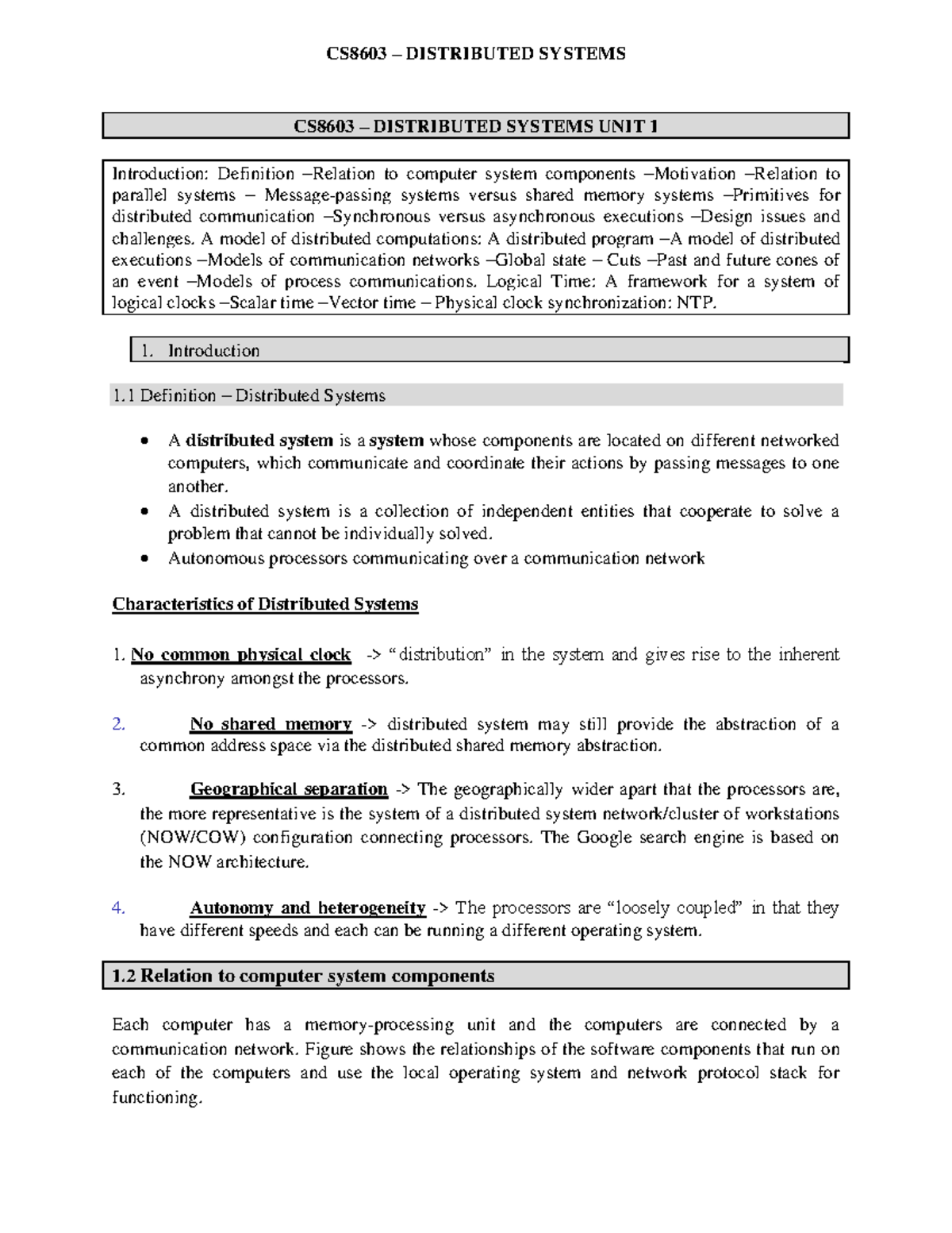 DS unit 1-5 - ssss - CS8603 – DISTRIBUTED SYSTEMS UNIT 1 Introduction: Definition –Relation to ...